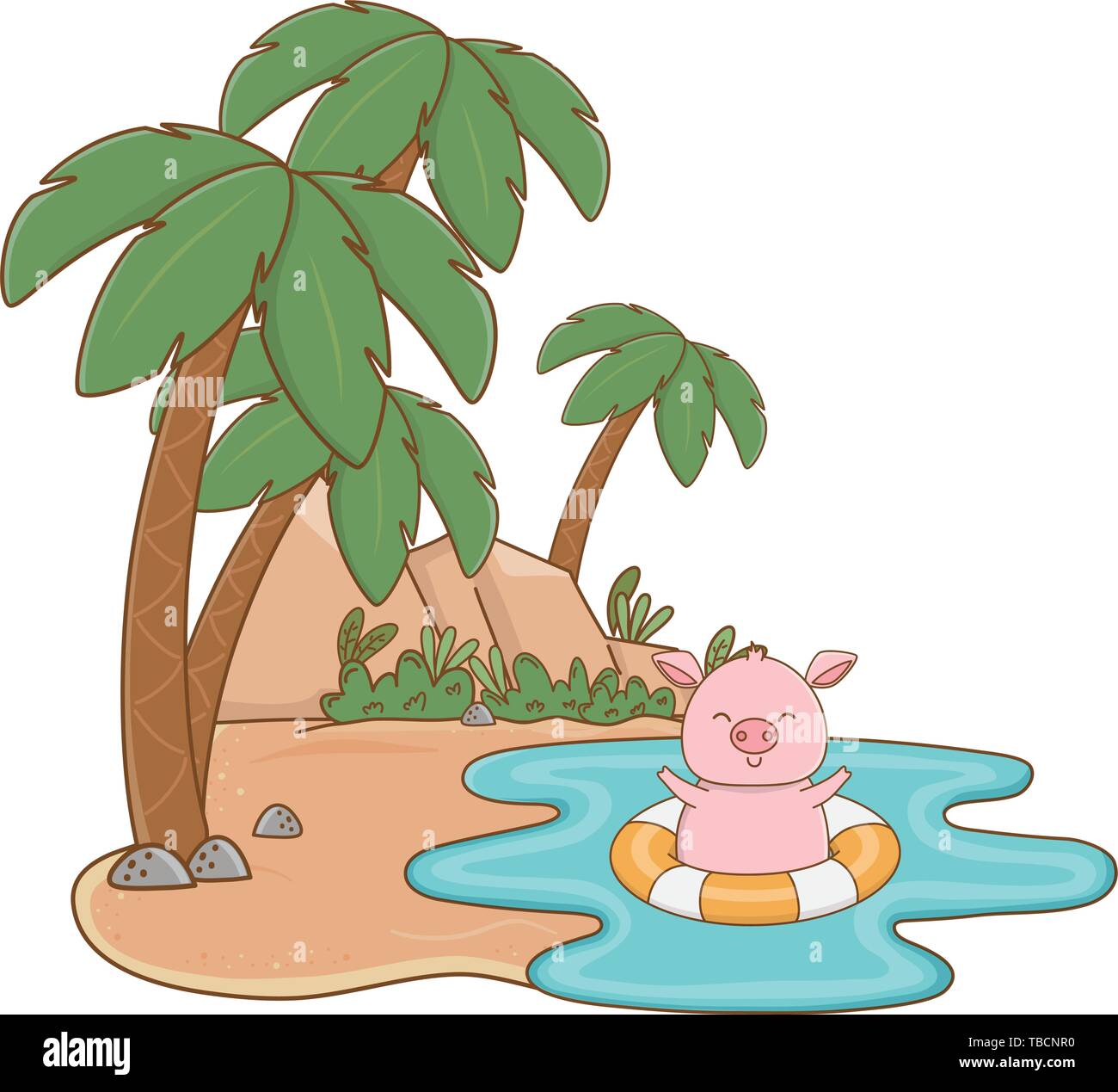 summer vacation relax time cute little happy animal pig using float at ...
