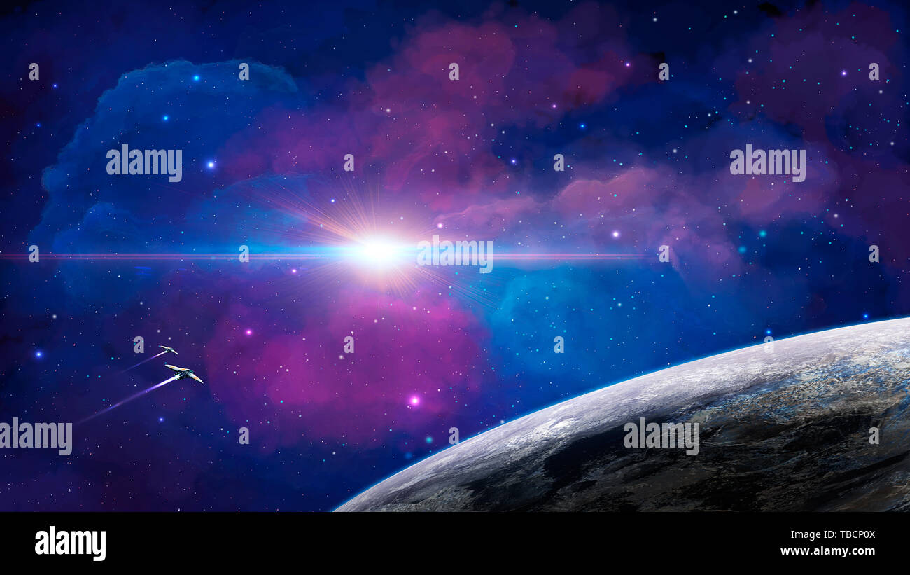Space scene. Colorful nebula with planet and spaceship. Elements ...