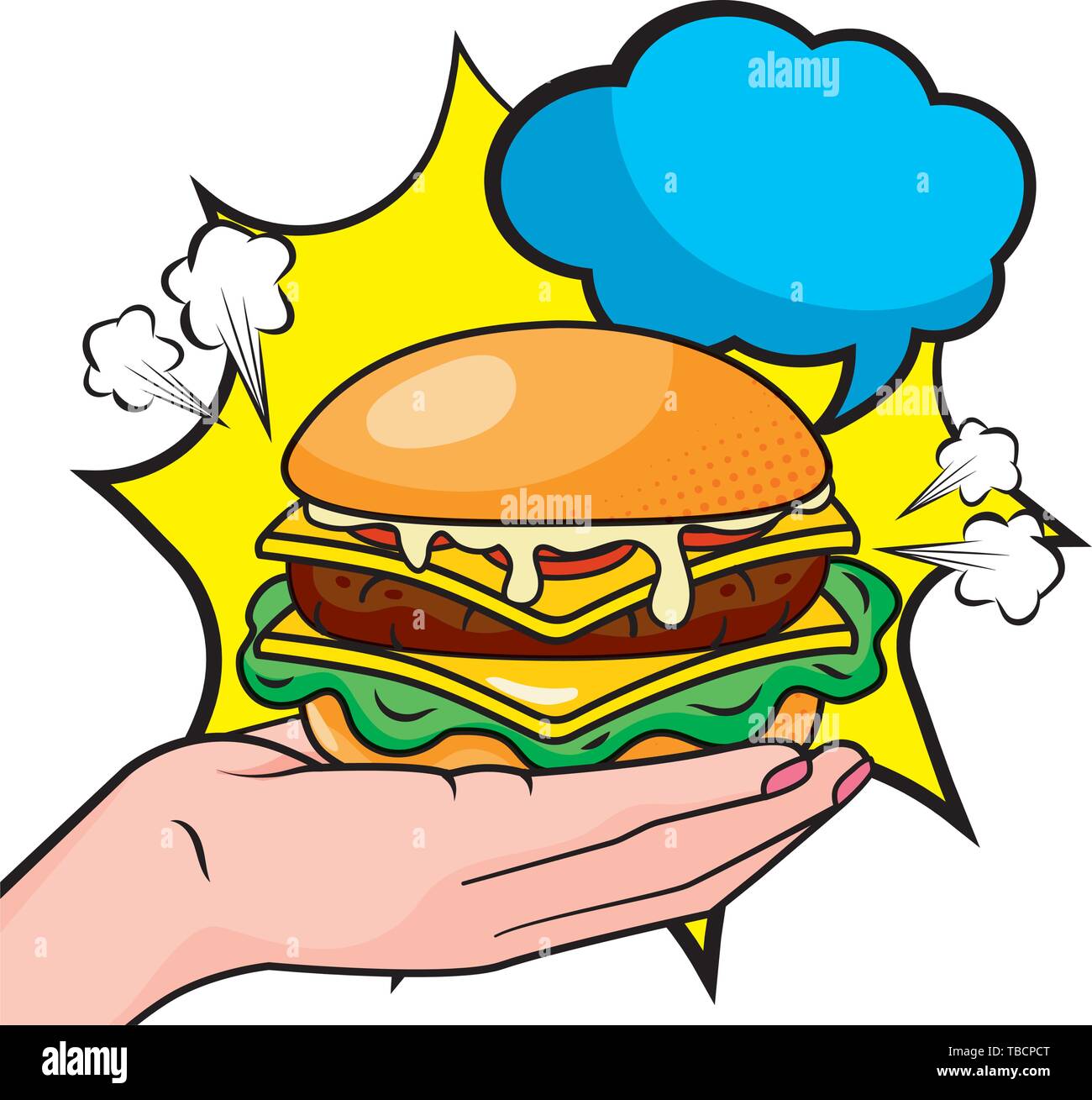 hand holding hamburger and speech bubble icon cartoon pop art vector ...