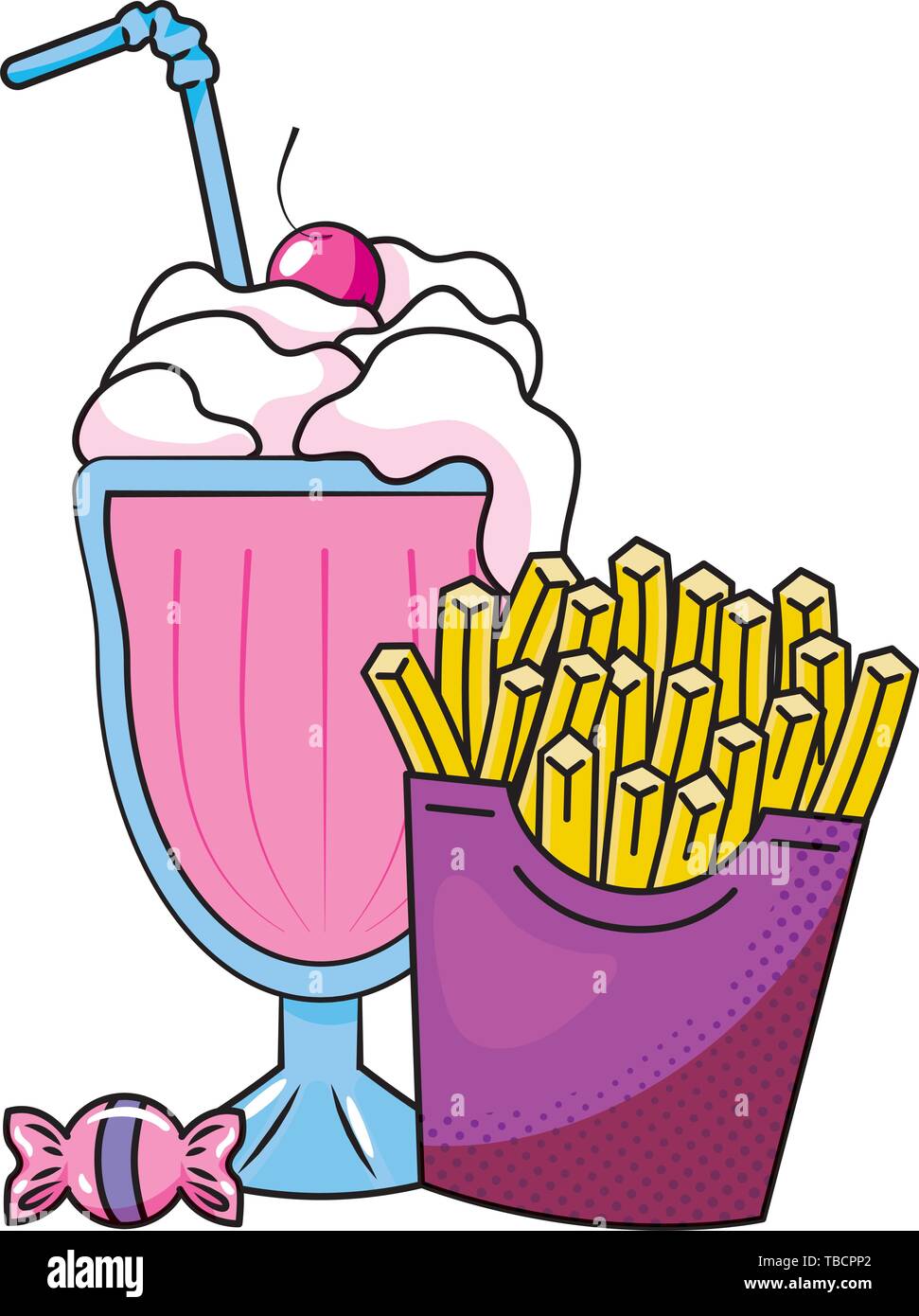 french fries and milk shake with straw and candy vector illustration ...