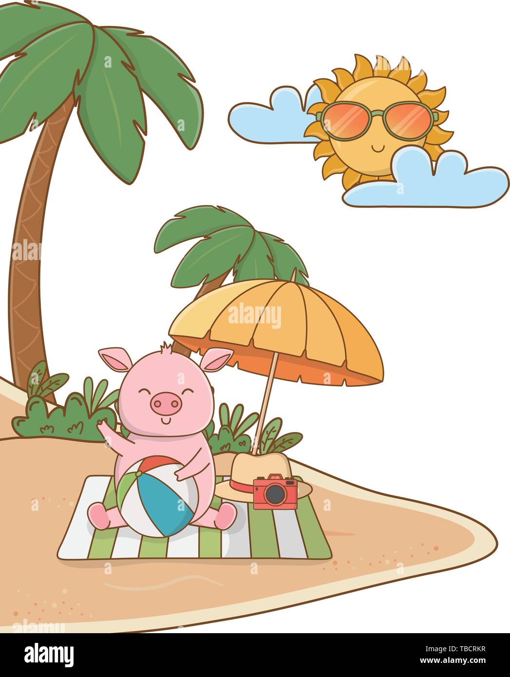 cute animal pig enjoying vacations and summer time, travel and relax ...