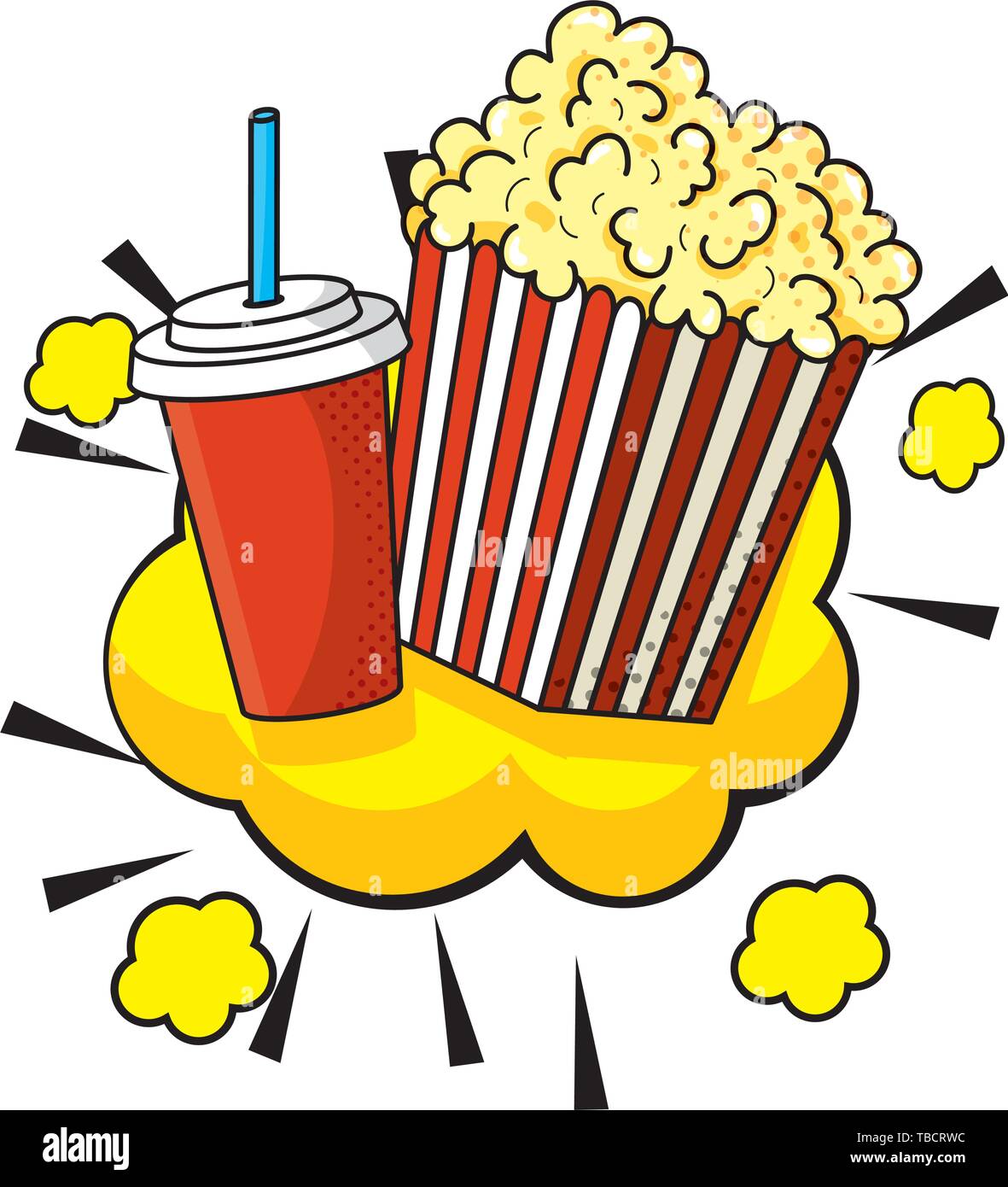 pop corn and soda paper cup and straw pop art background vector ...