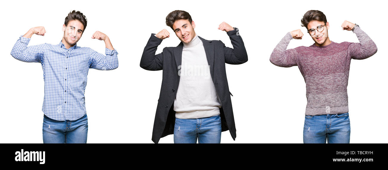 Collage of young handsome business man over isolated background showing ...