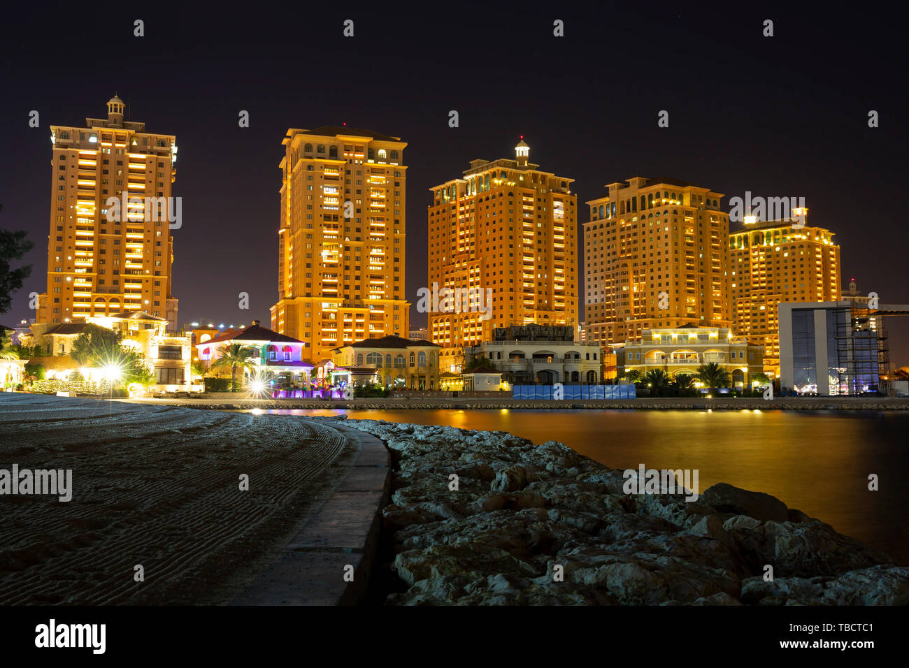 The skyline panorama of The Pearl-Qatar area buildings in Doha, Qatar ...