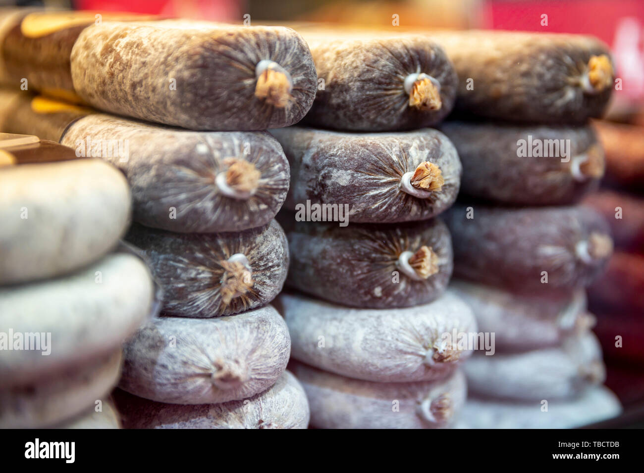 Dried salami sausages. Traditional Bulgarian dried flat salami Stock ...
