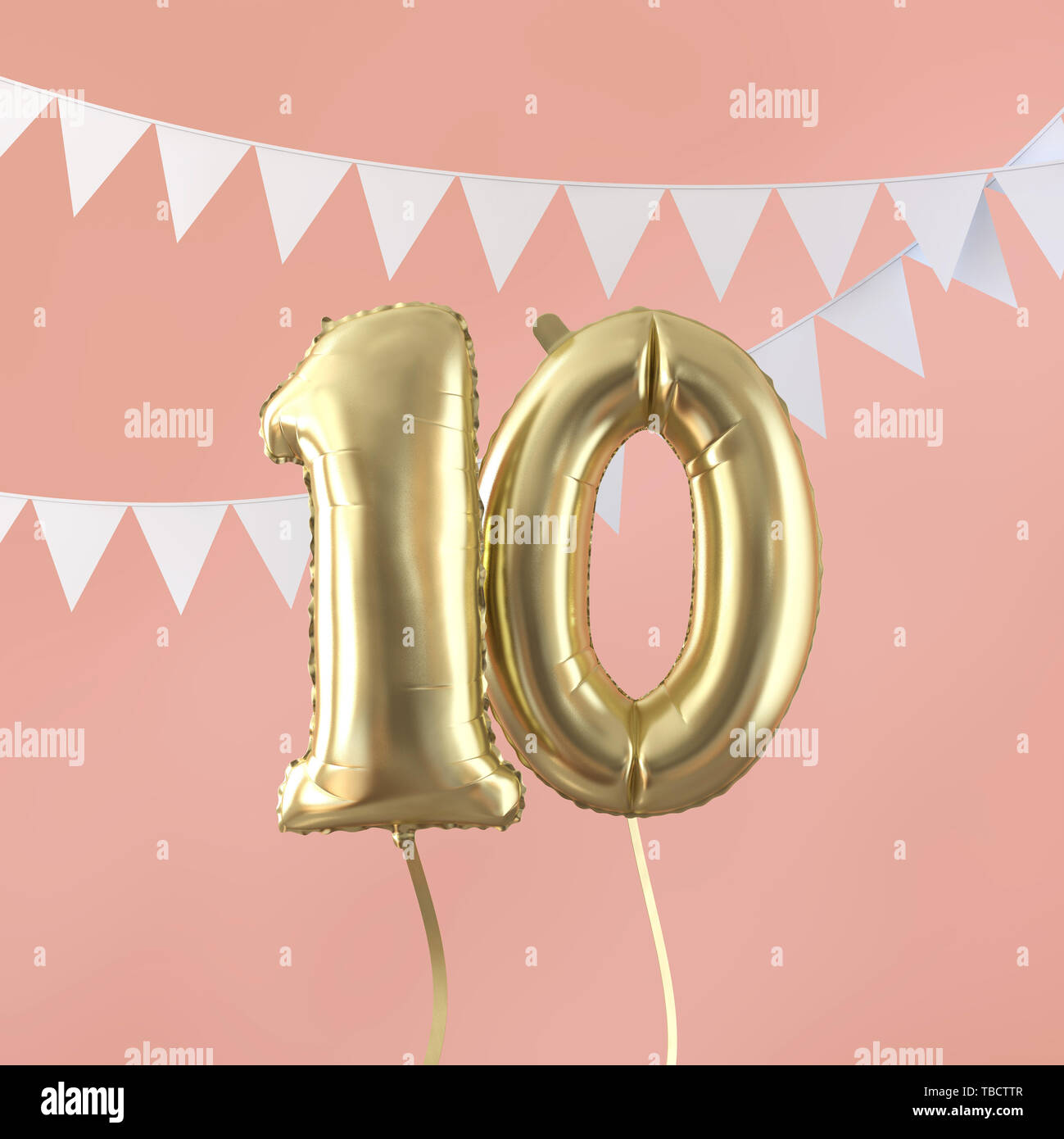 Happy 10th birthday party celebration gold balloon and bunting. 3D ...
