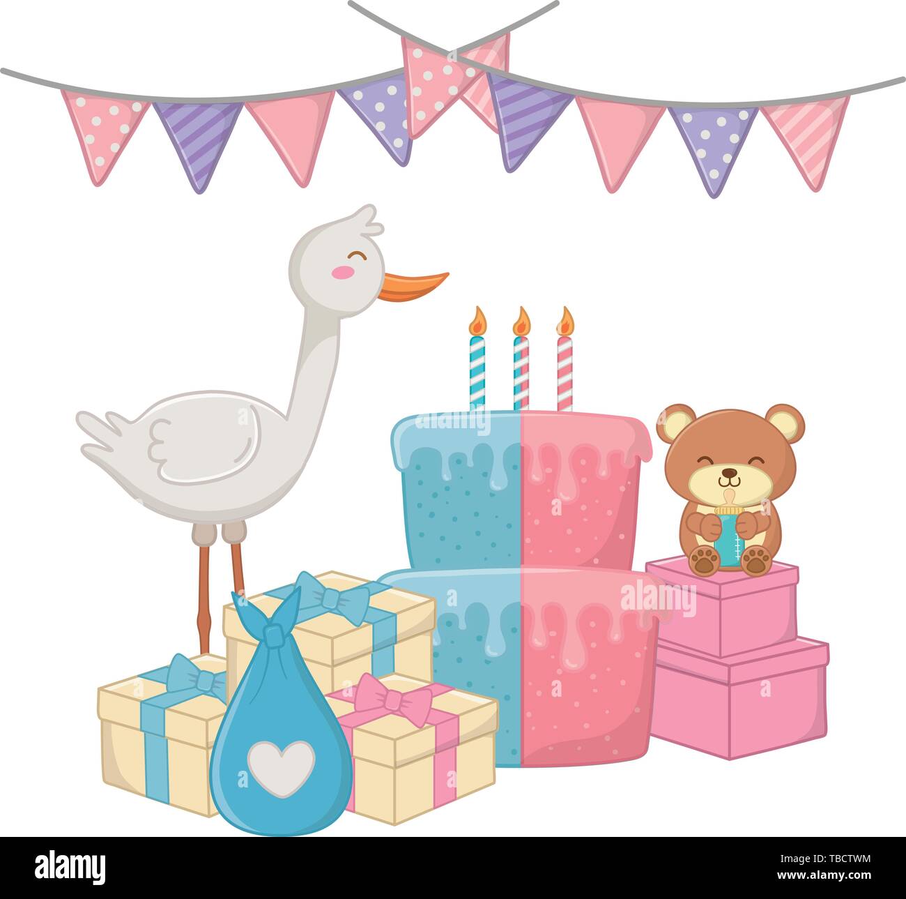 baby elements icon stork, gift boxes, cloth bag, cake and candle lit ...
