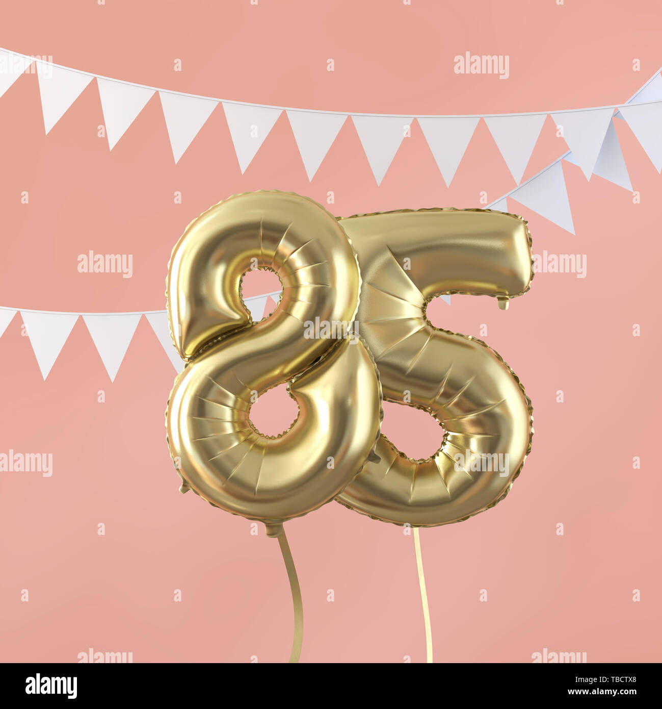Happy 85th birthday party celebration gold balloon and bunting. 3D ...