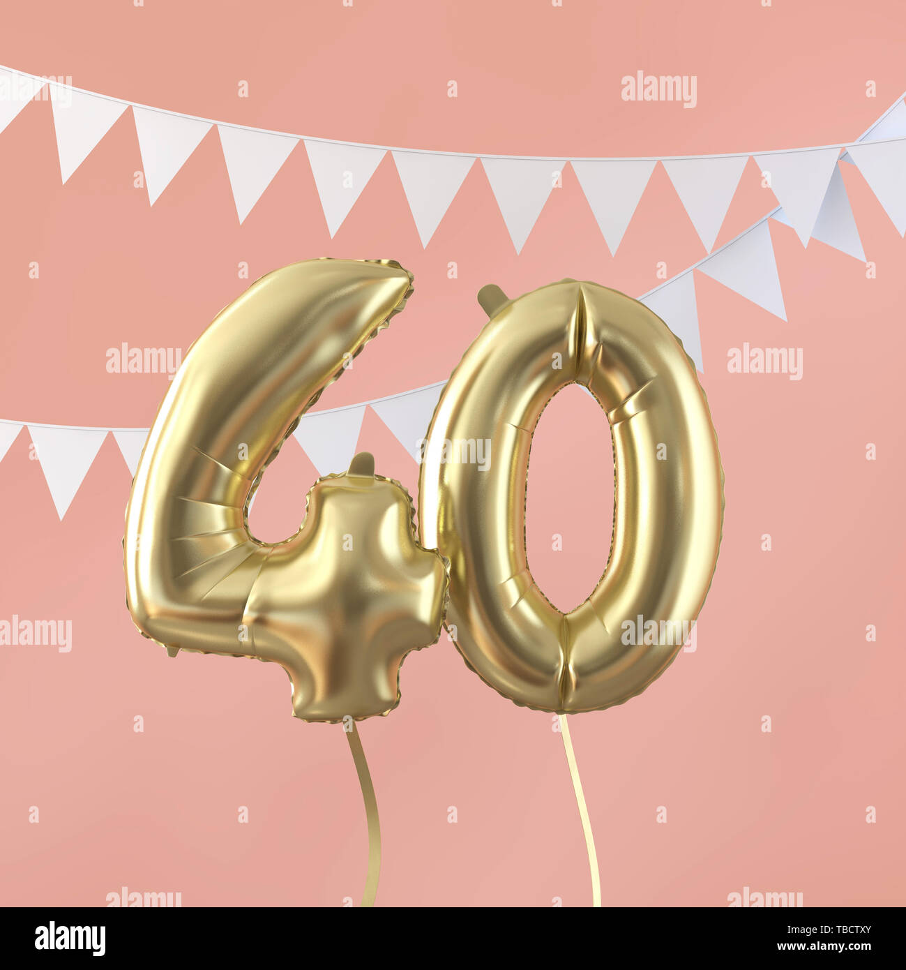 Happy 40th birthday party celebration gold balloon and bunting. 3D ...