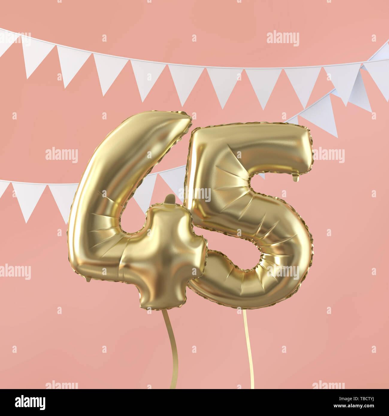 Happy 45th birthday party celebration gold balloon and bunting. 3D ...
