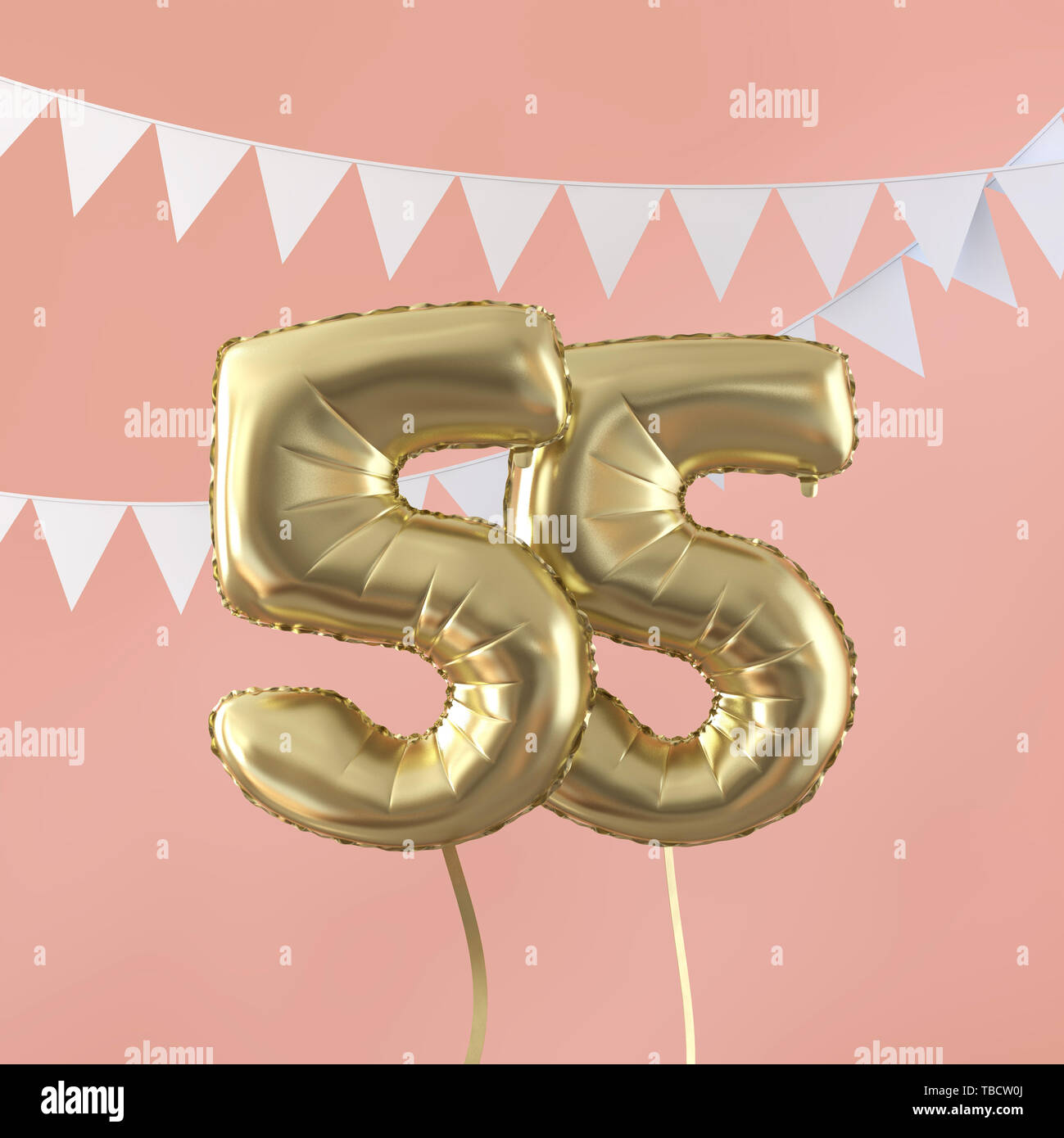 Happy 55th birthday party celebration gold balloon and bunting. 3D ...