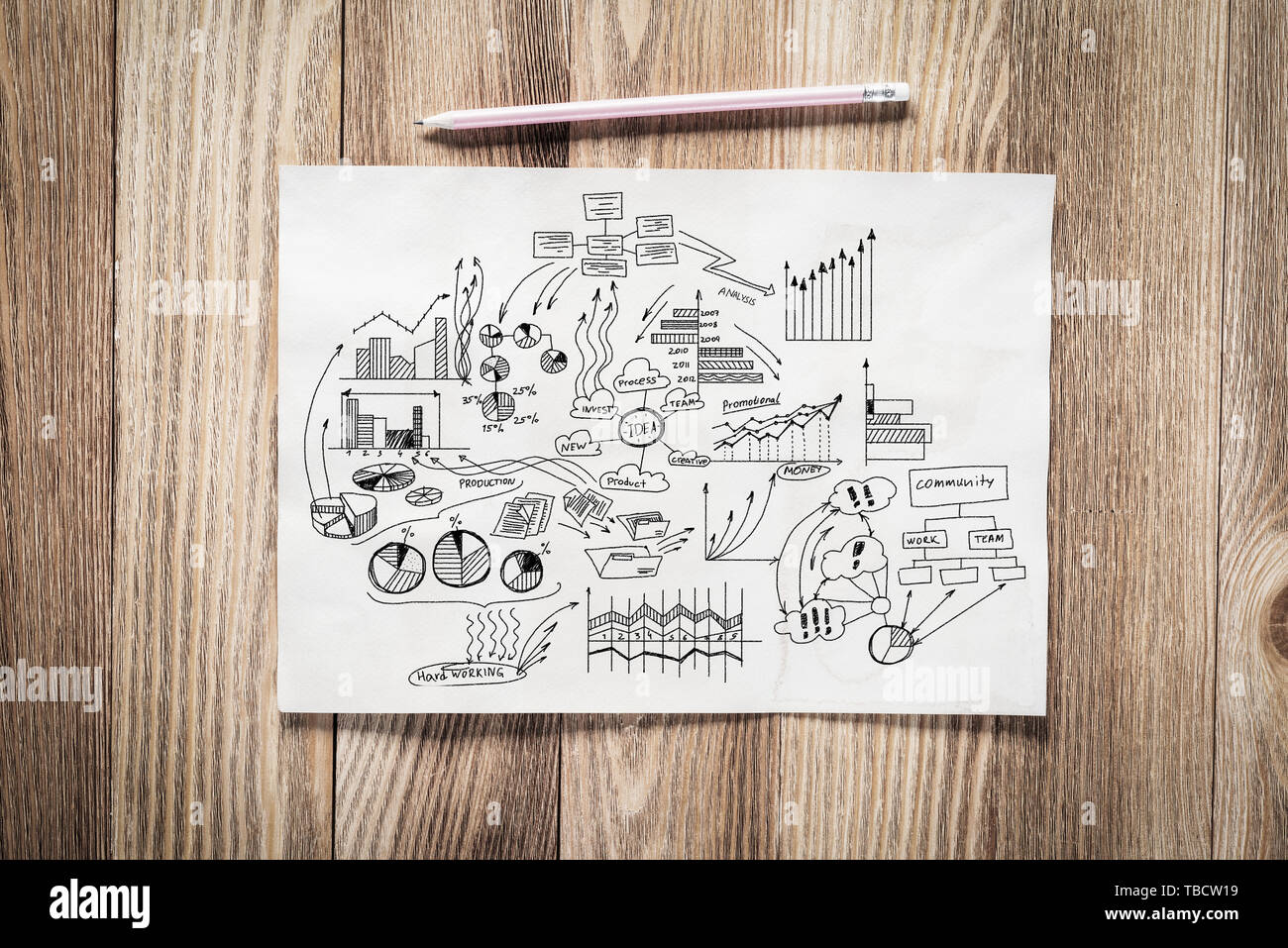 workspace, paper with drawing sale and money Stock Photo - Alamy