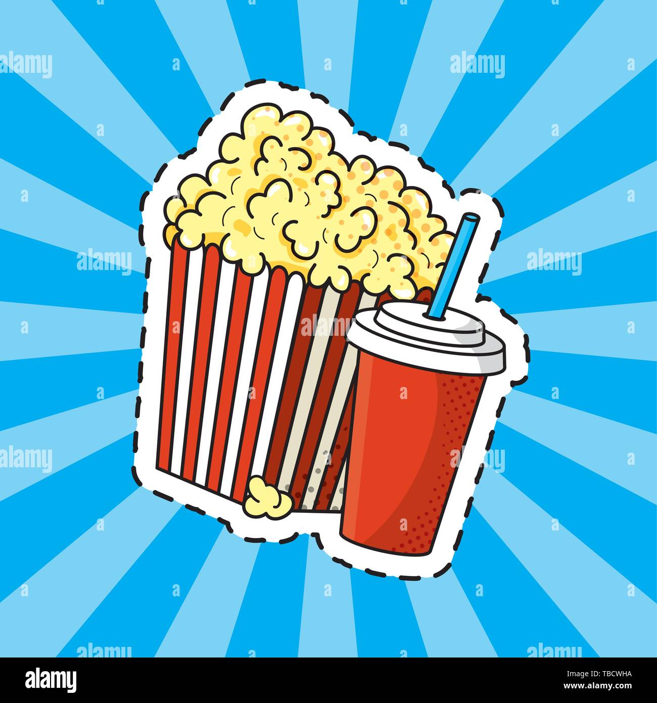 pop corn and soda paper cup and straw pop art background vector ...