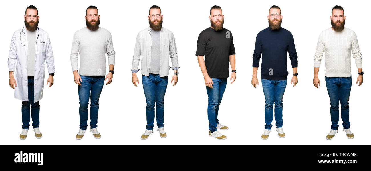 Collage of young man with bun over white isolated background depressed ...