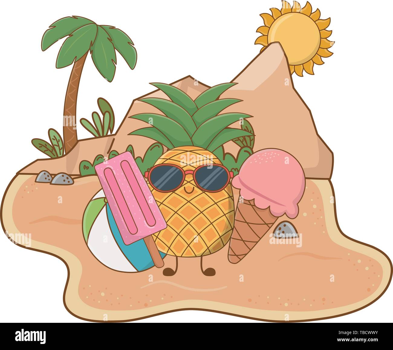 Summer cartoons at beach with sun and palms scenery vector illustration graphic design Stock ...