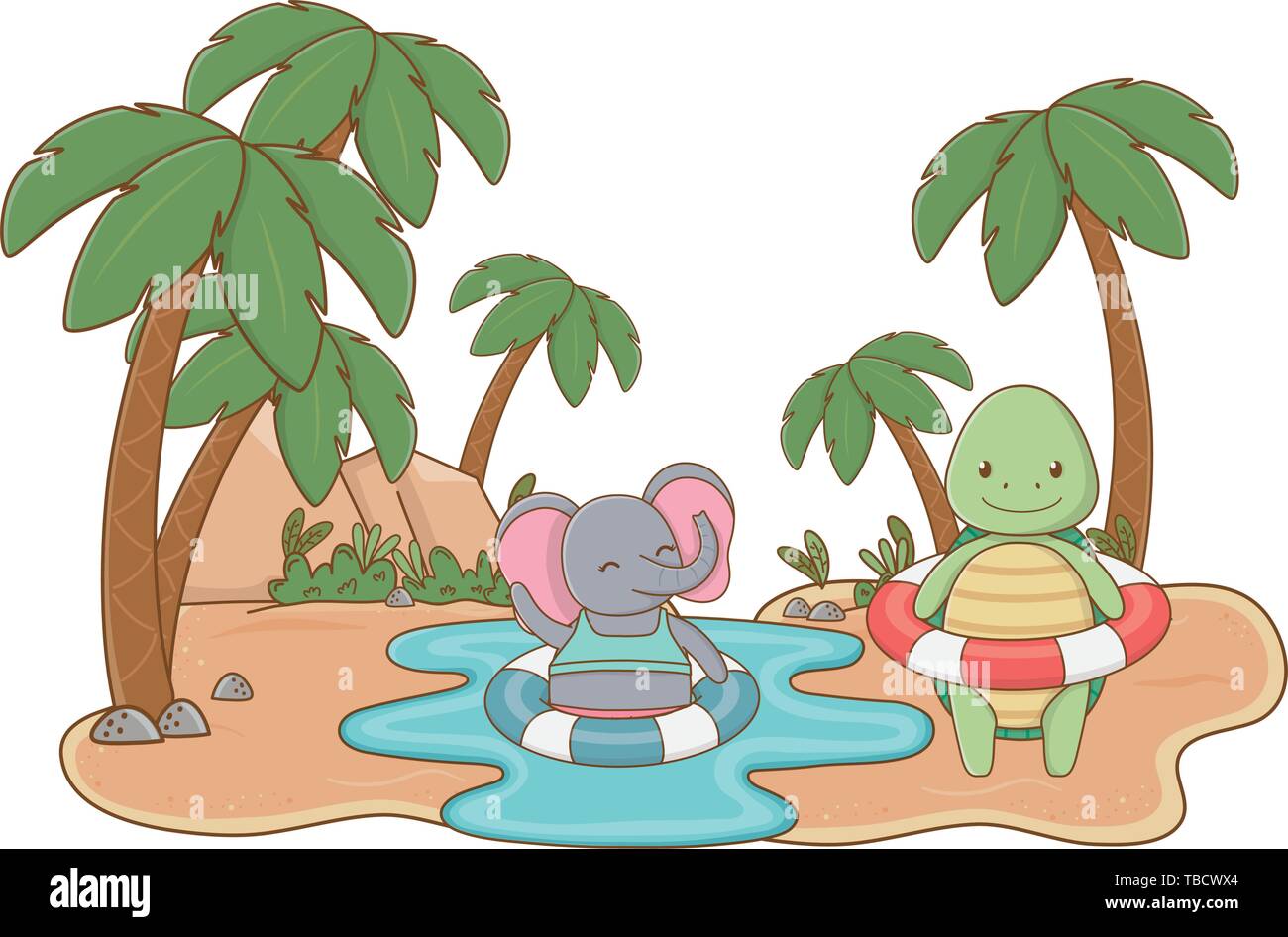 cute animals friends elephant with baby turtle enjoying summer time ...