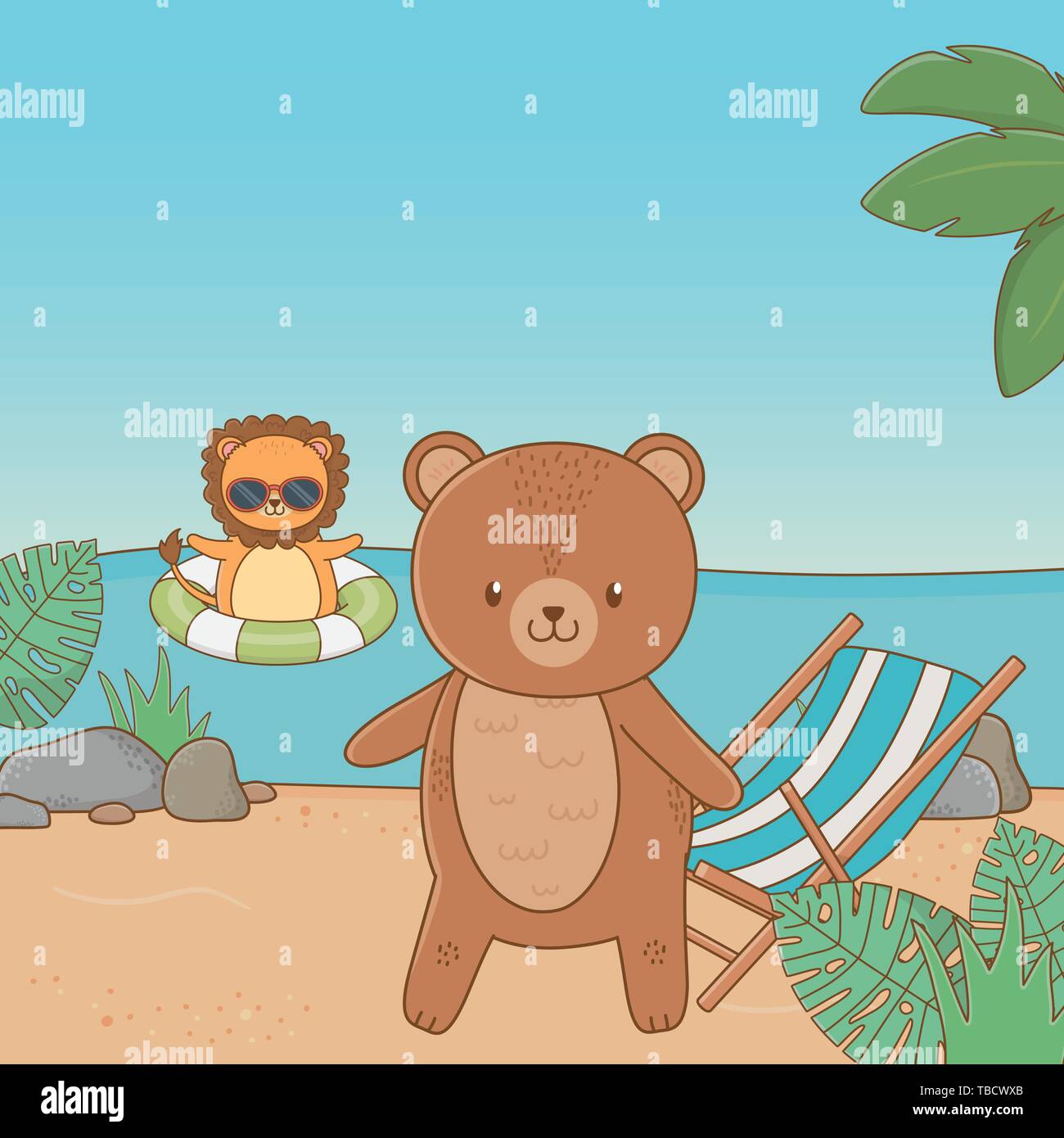 cute animals lion and bear enjoying summer vacations, relax leisure ...