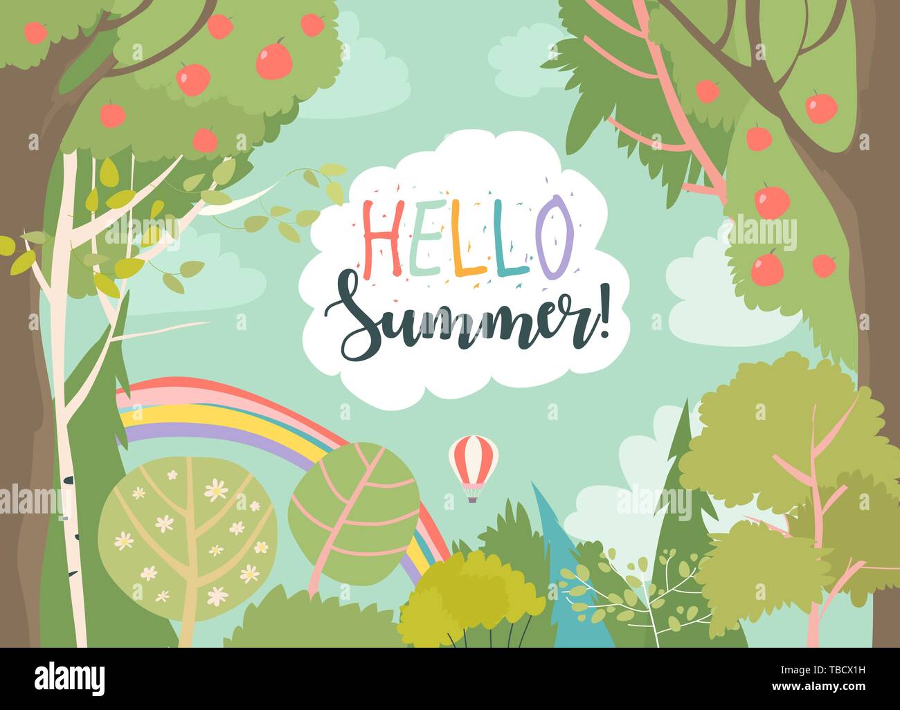 Cartoon frame with summer forest and rainbow Stock Vector Image & Art ...