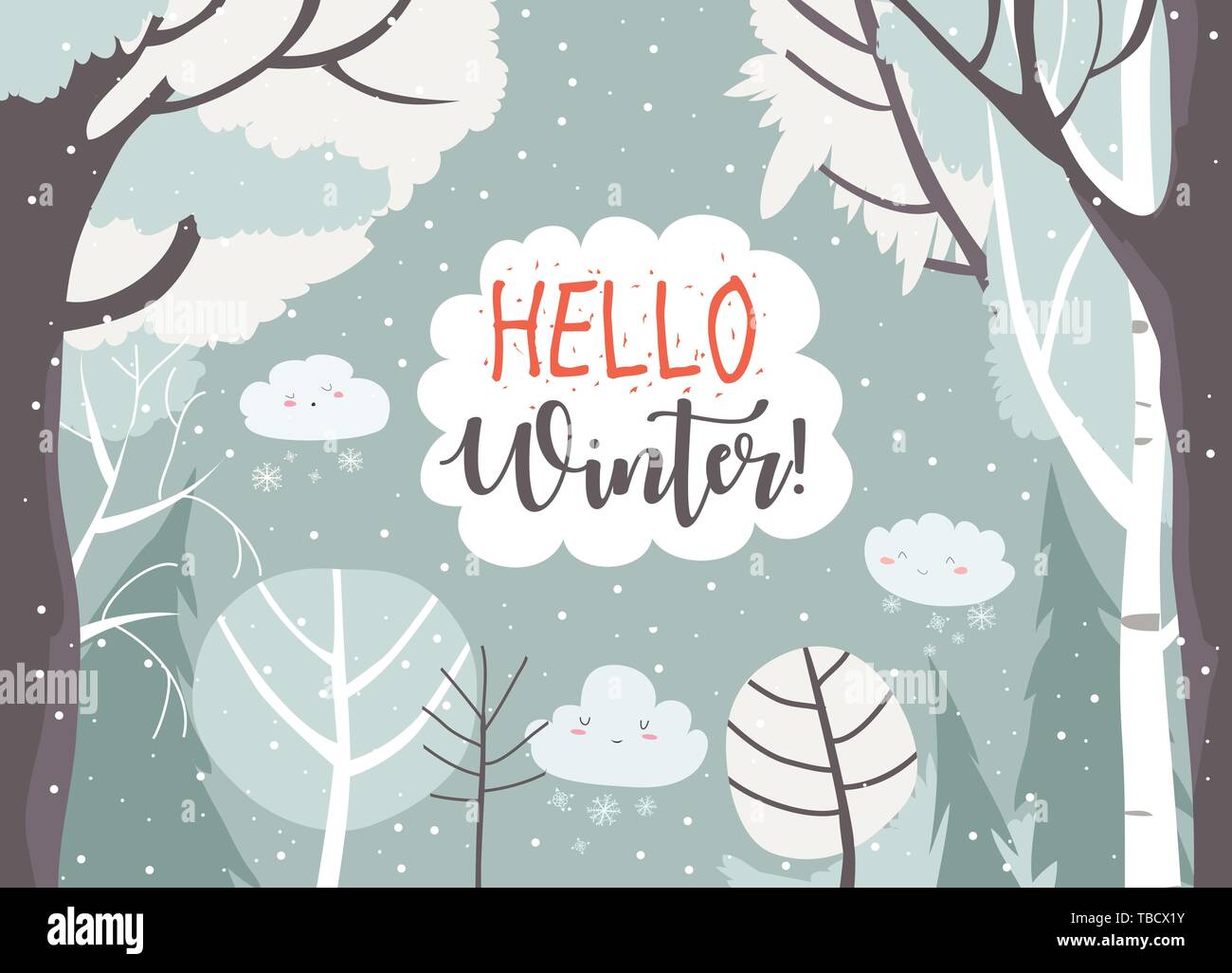 Cartoon frame with winter forest. Hello winter Stock Vector Image & Art ...