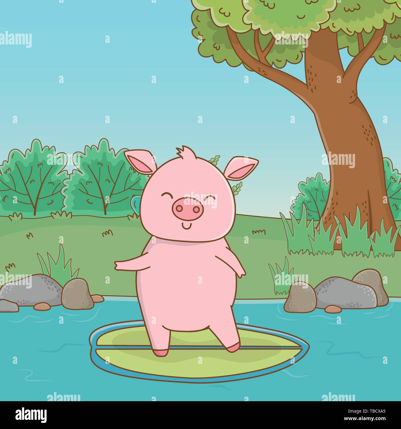 cute animal pig enjoying summer vacations, relax leisure outdoor ...