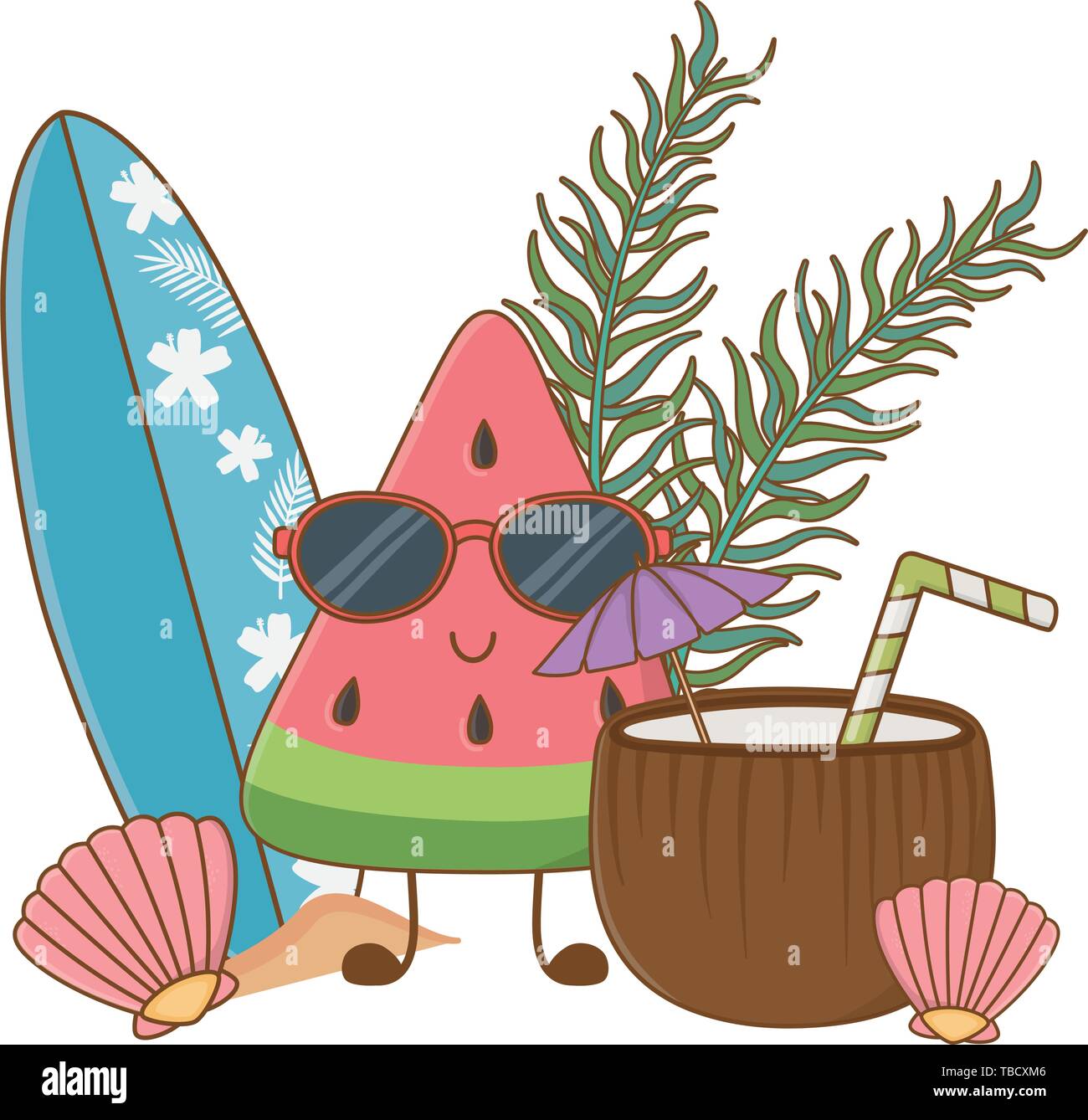 Summer watermelon with sunglasses coconut and shells cartoons vector ...