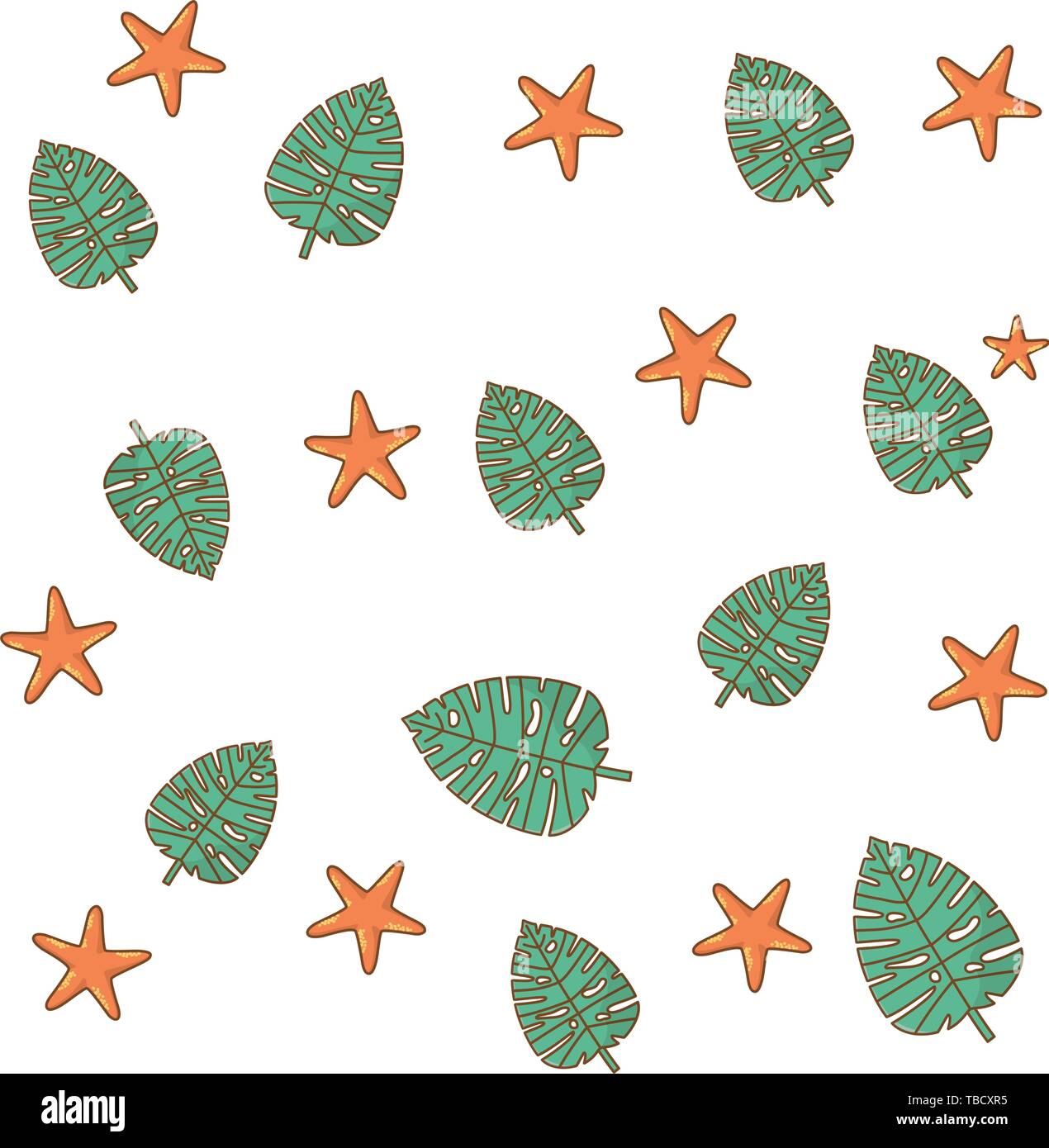 Summer and beach background leaves and sea stars cartoons pattern ...