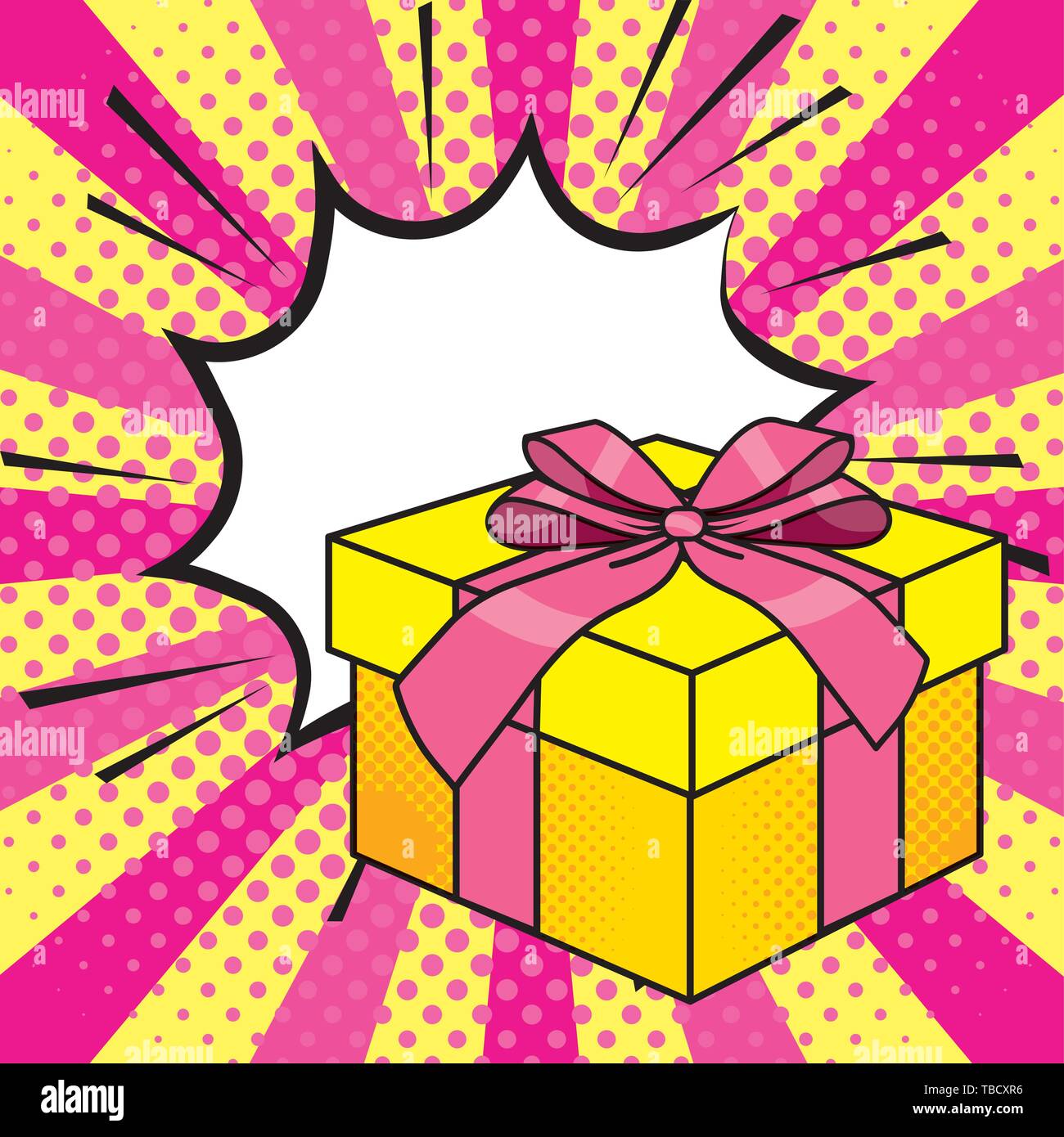 Pop art gift box cartoon red and yellow striped background vector ...
