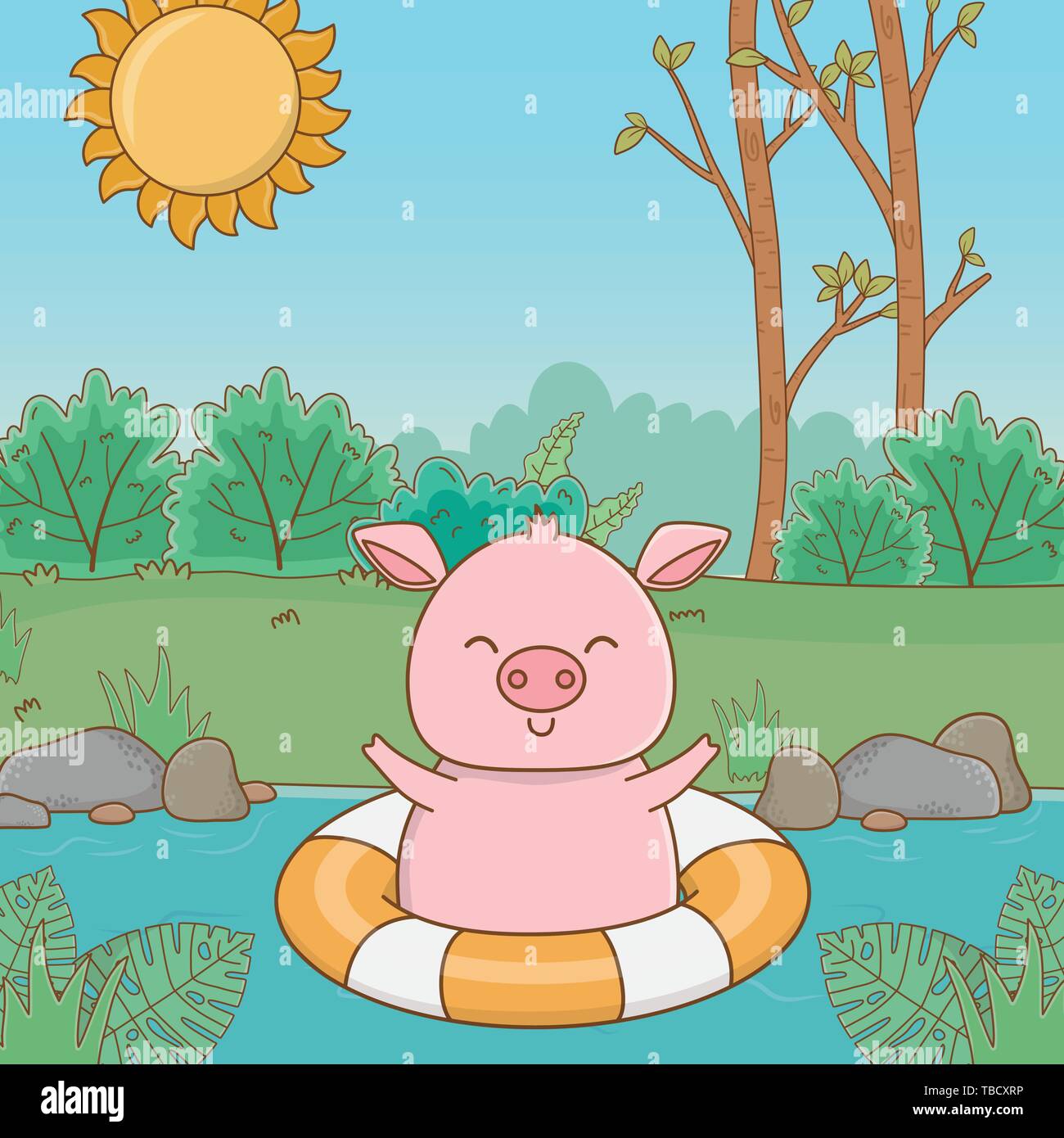 cute animal pig enjoying summer vacations, relax leisure outdoor ...