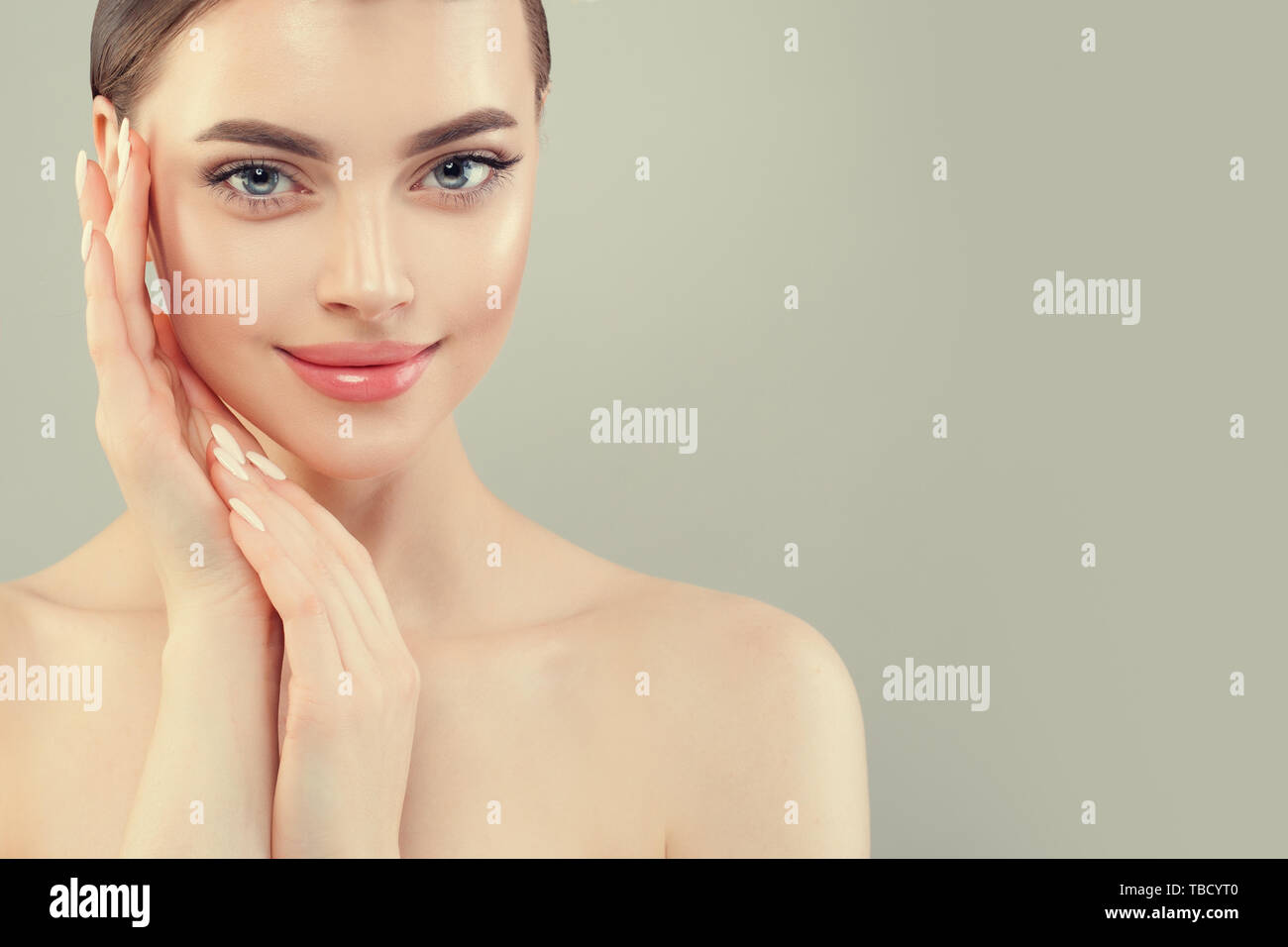 Closeup portrait of beautiful woman face. Healthy model with clear skin ...