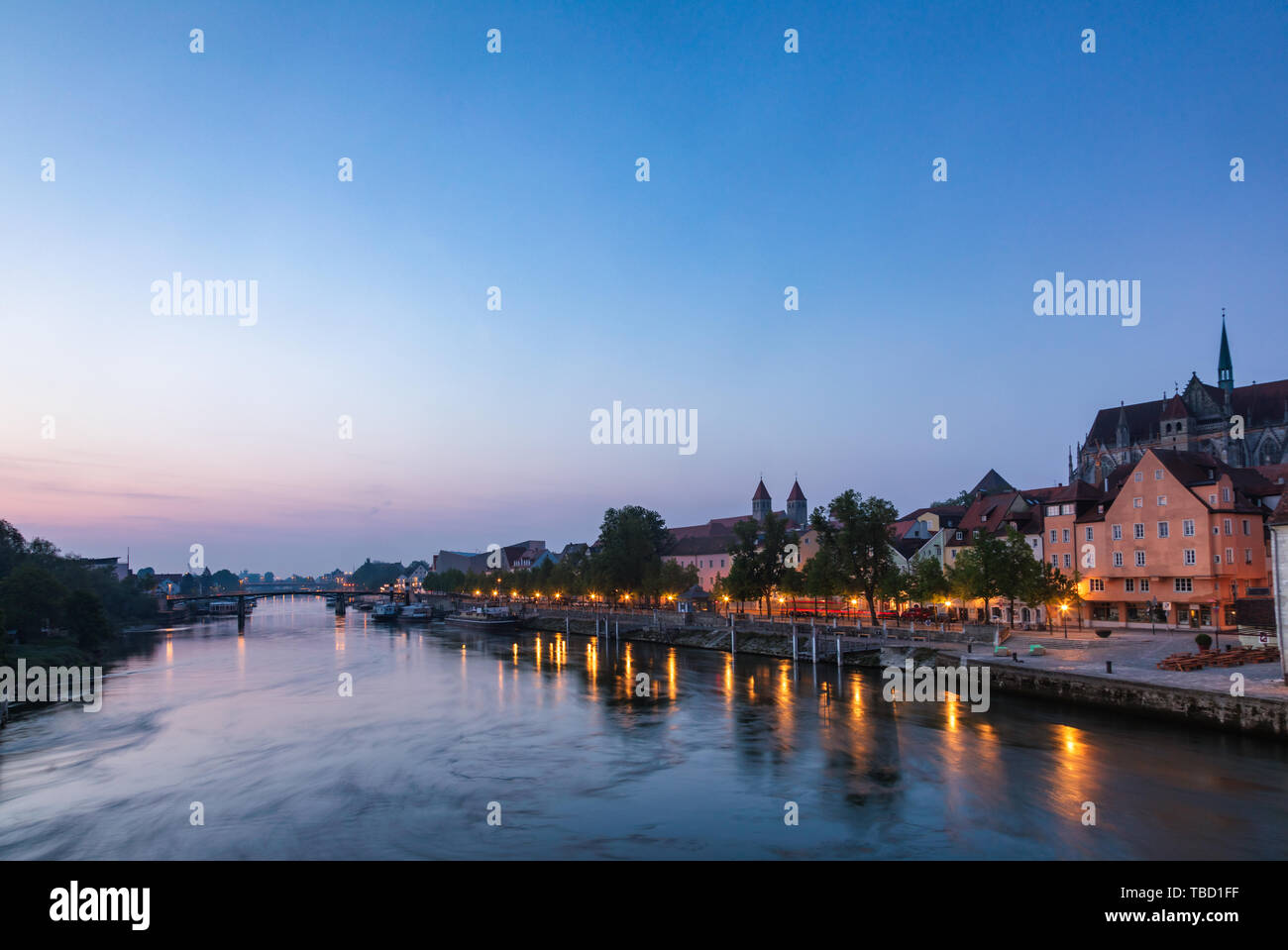 Regensburg cityscape as viewed from the medieval Stone Bridge ...