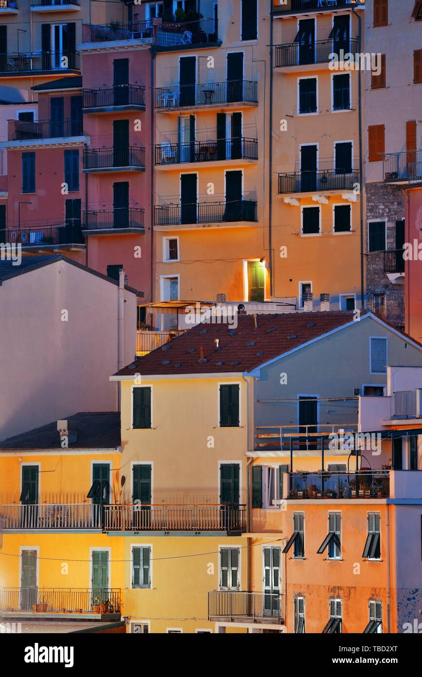Abstract Italian style building closeup night background in Manarola ...
