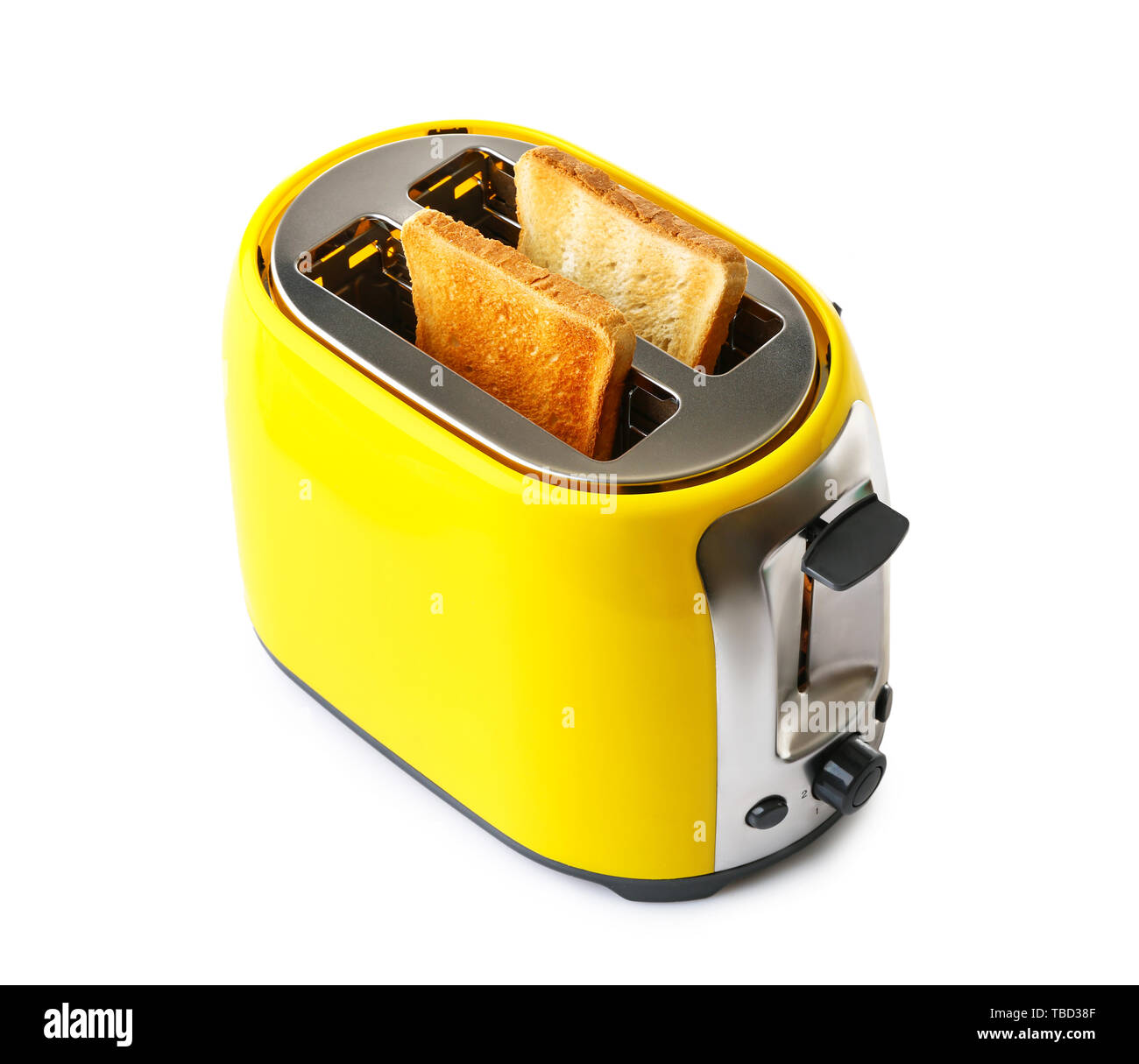 Toaster with bread slices on white background Stock Photo - Alamy
