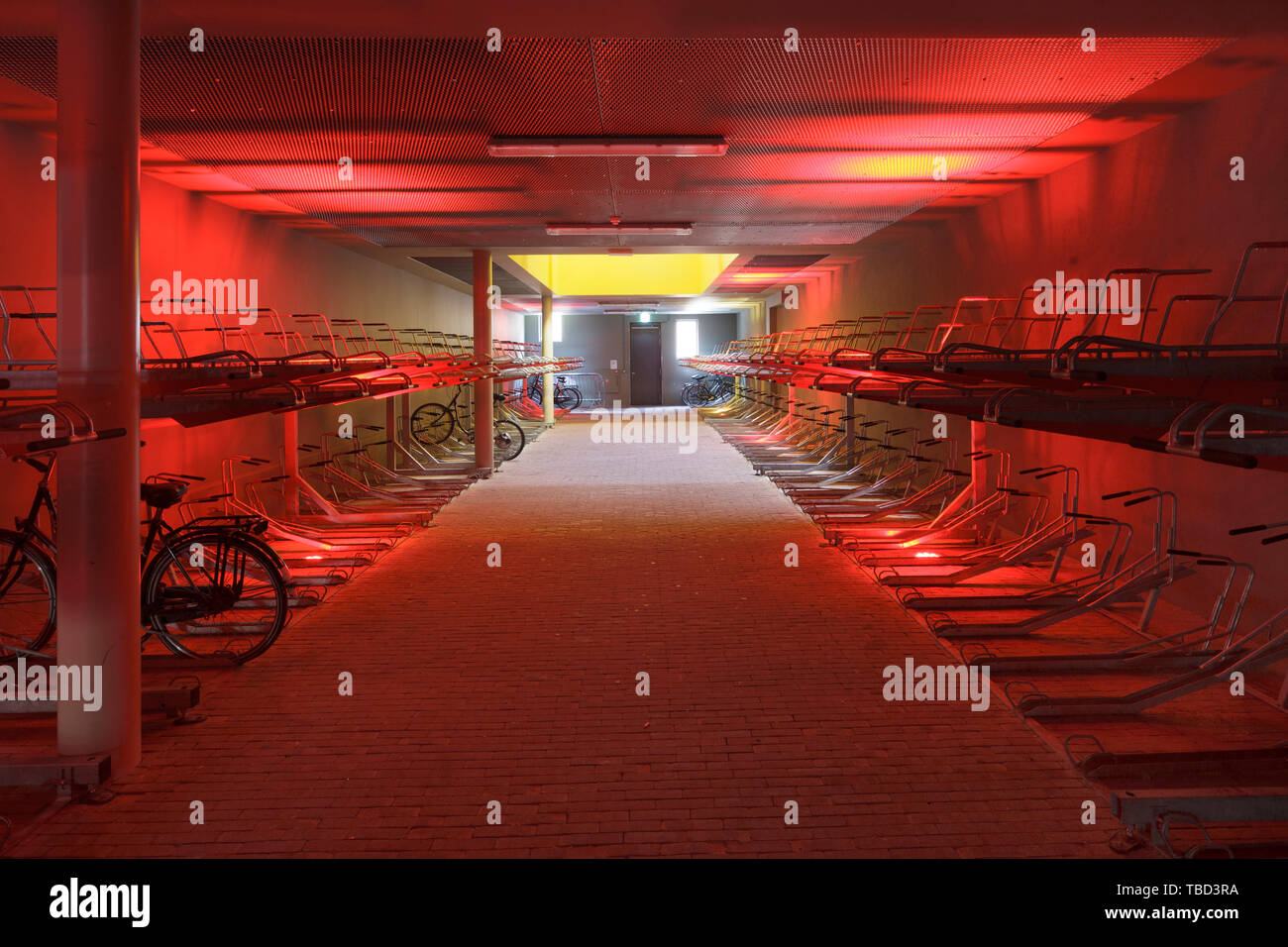 Underground bicycle storage area with red lighting and yellow skylight ...