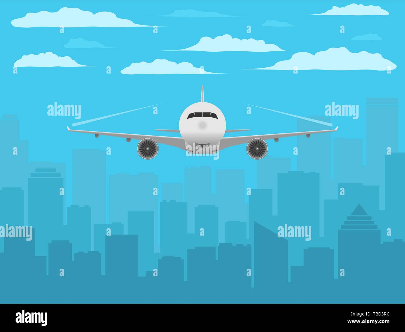 Plane in front of city silhouette. Realistic airplane and city ...