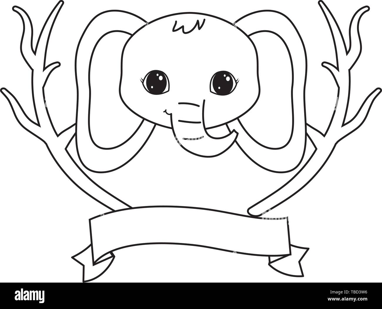 head of cute elephant with tree branches and ribbon vector illustration ...