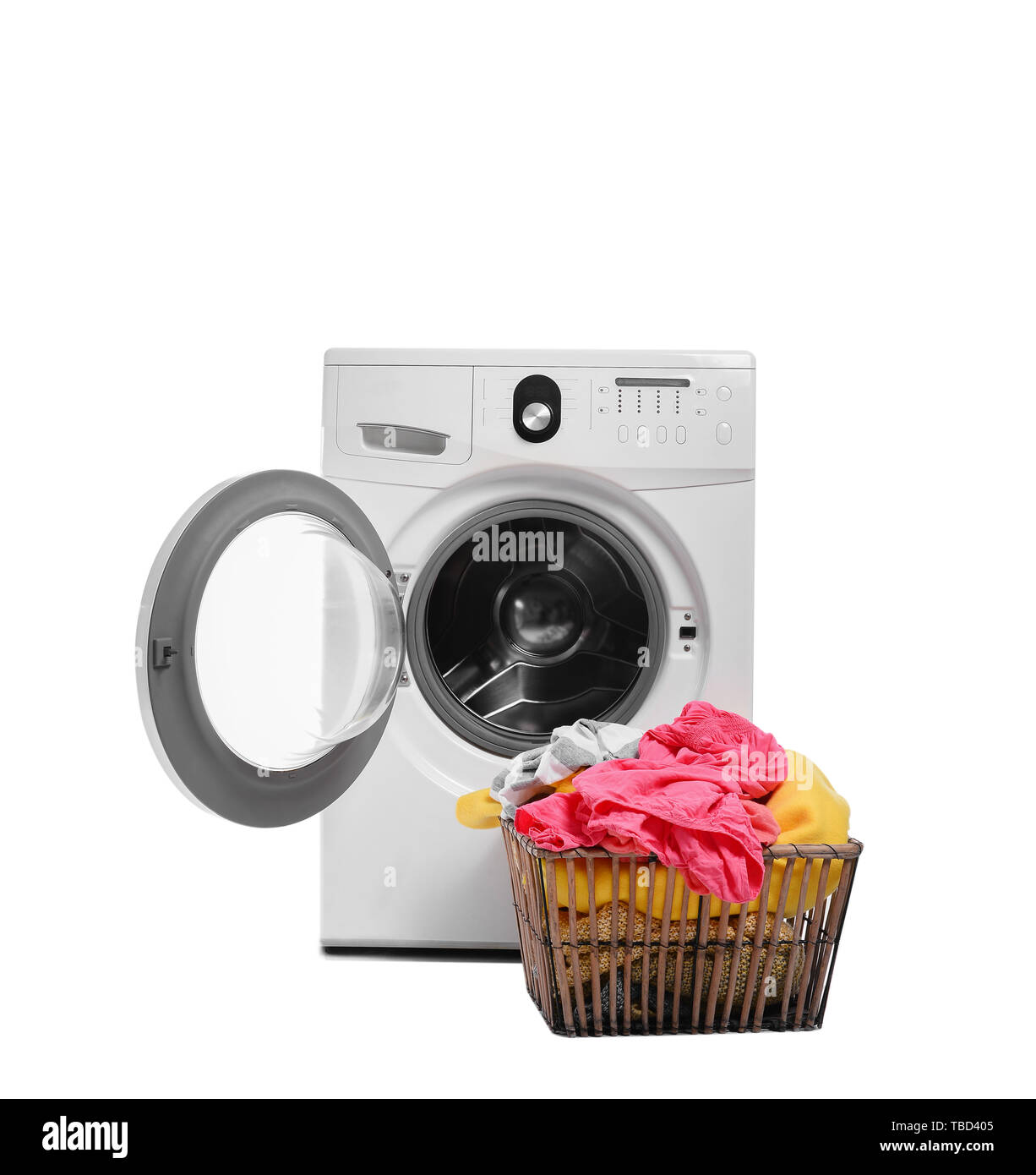 Modern washing machine and laundry on white background Stock Photo - Alamy