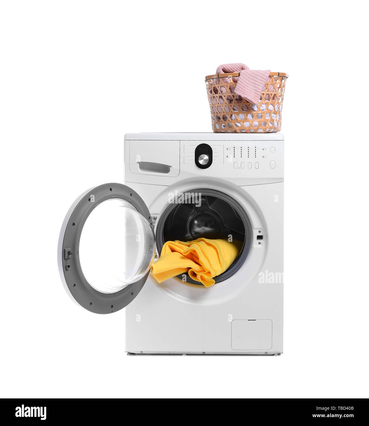 Modern washing machine and laundry on white background Stock Photo - Alamy