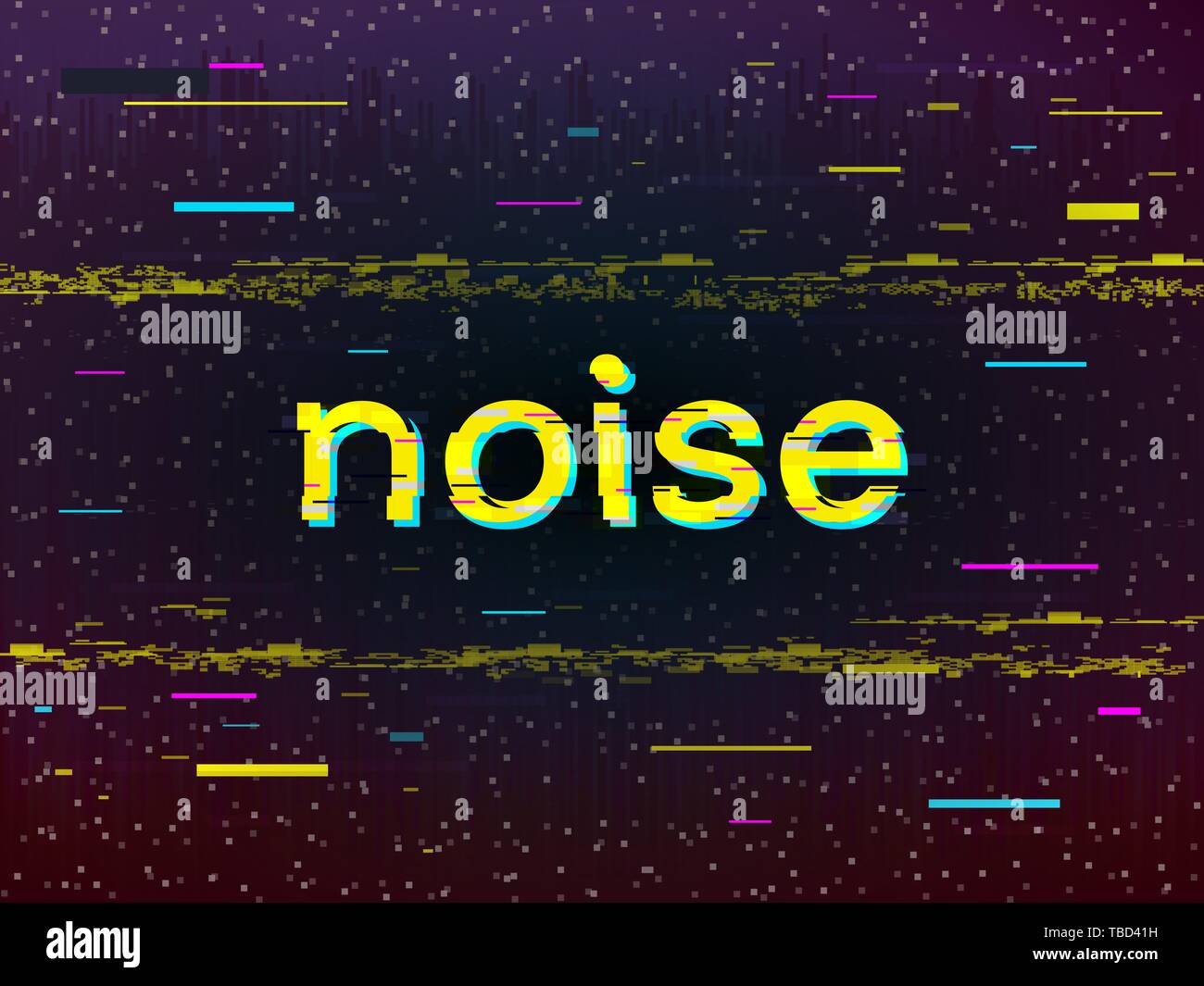 Glitch design. Distorted yellow inscription. Noise and pixels on dark ...