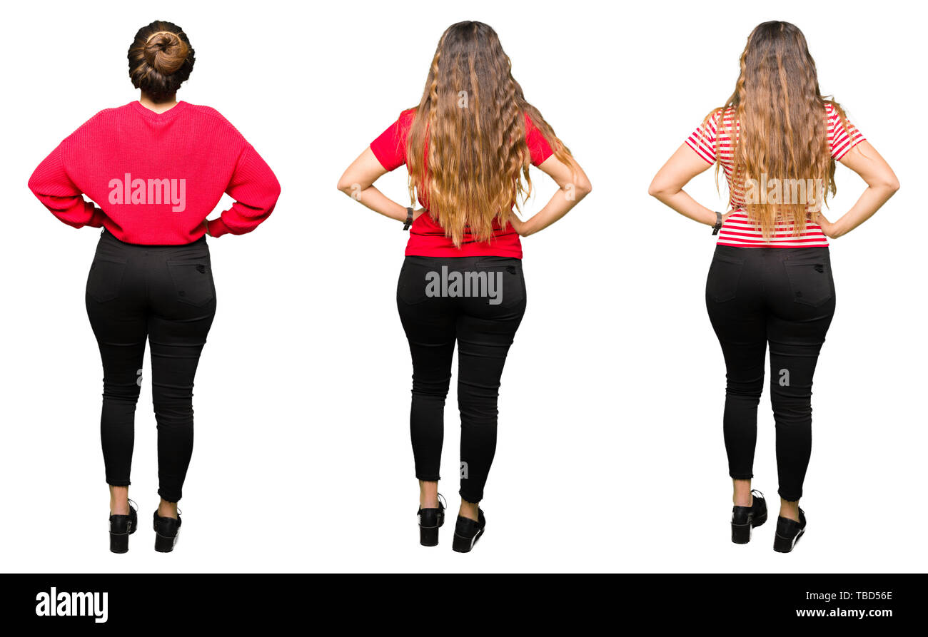 Collage of beautiful young woman over white isolated background ...