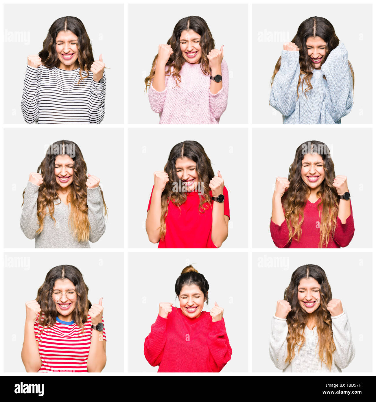 Collage of beautiful young woman wearing different looks over white ...