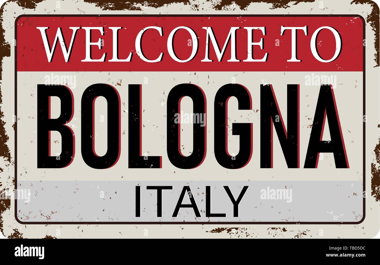 Welcome to Bologna Italy Antiques vintage rusty metal sign on a white ...