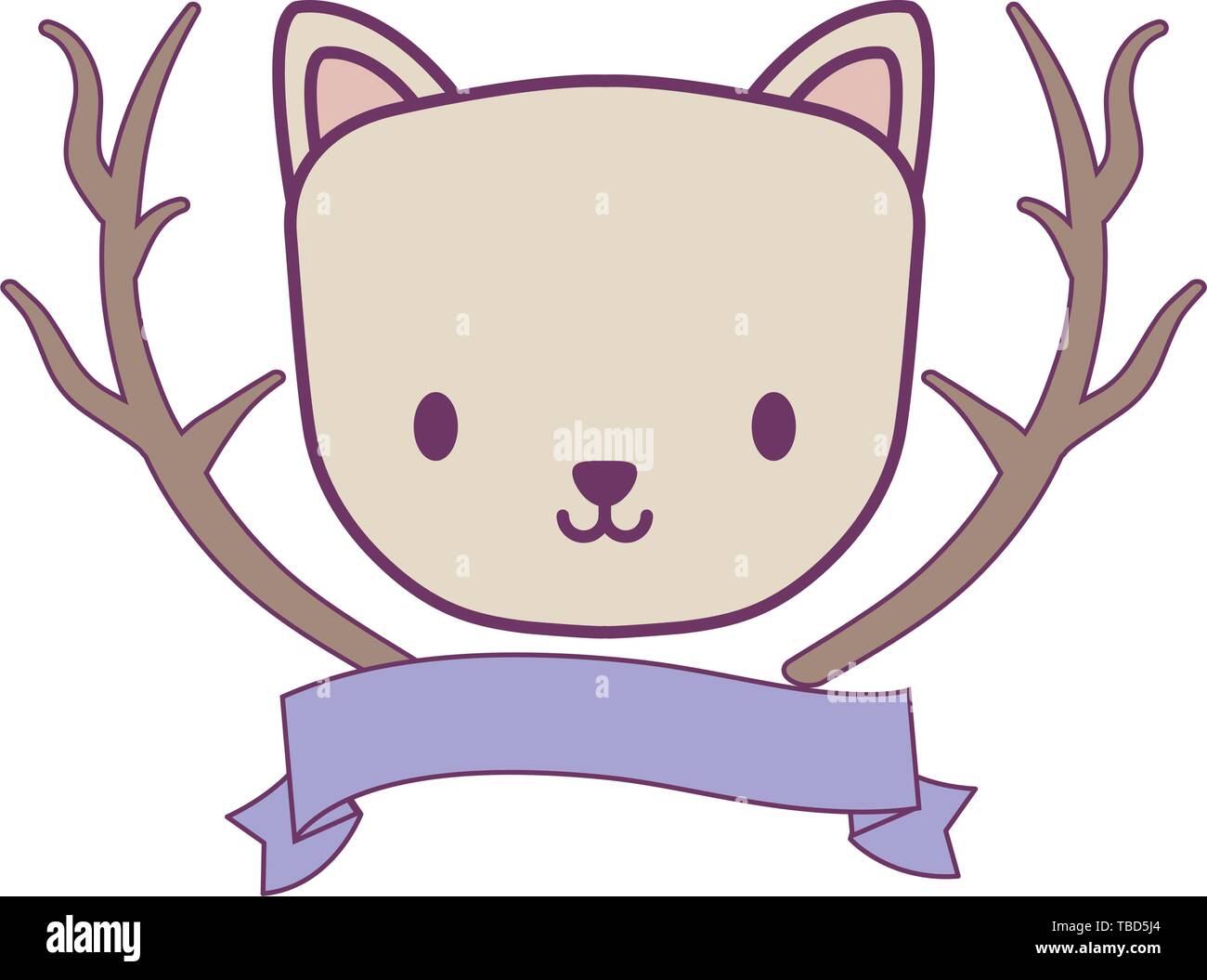 head of cute cat with tree branches and ribbon vector illustration ...