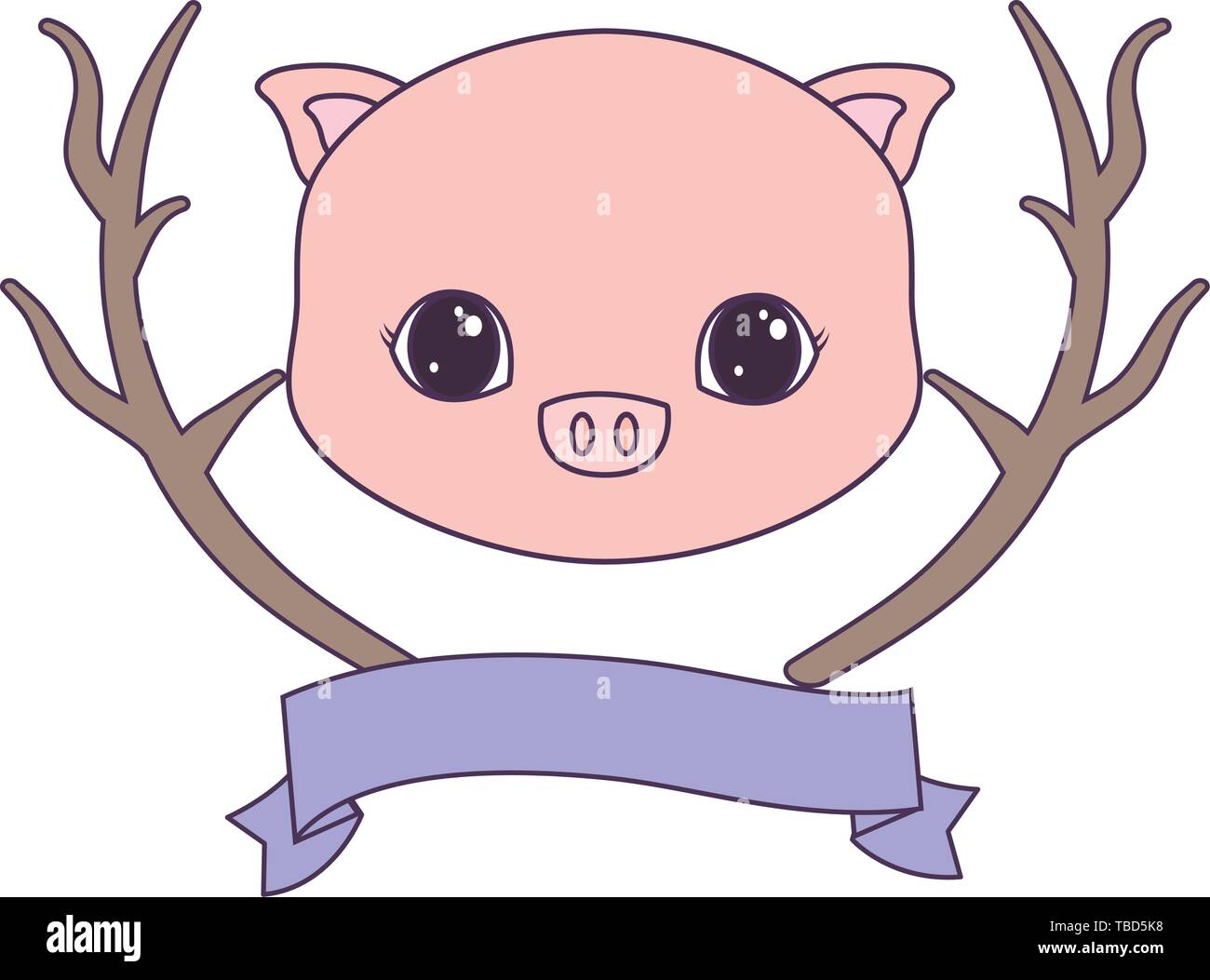 cute piggy with tree branches and ribbon vector illustration design ...