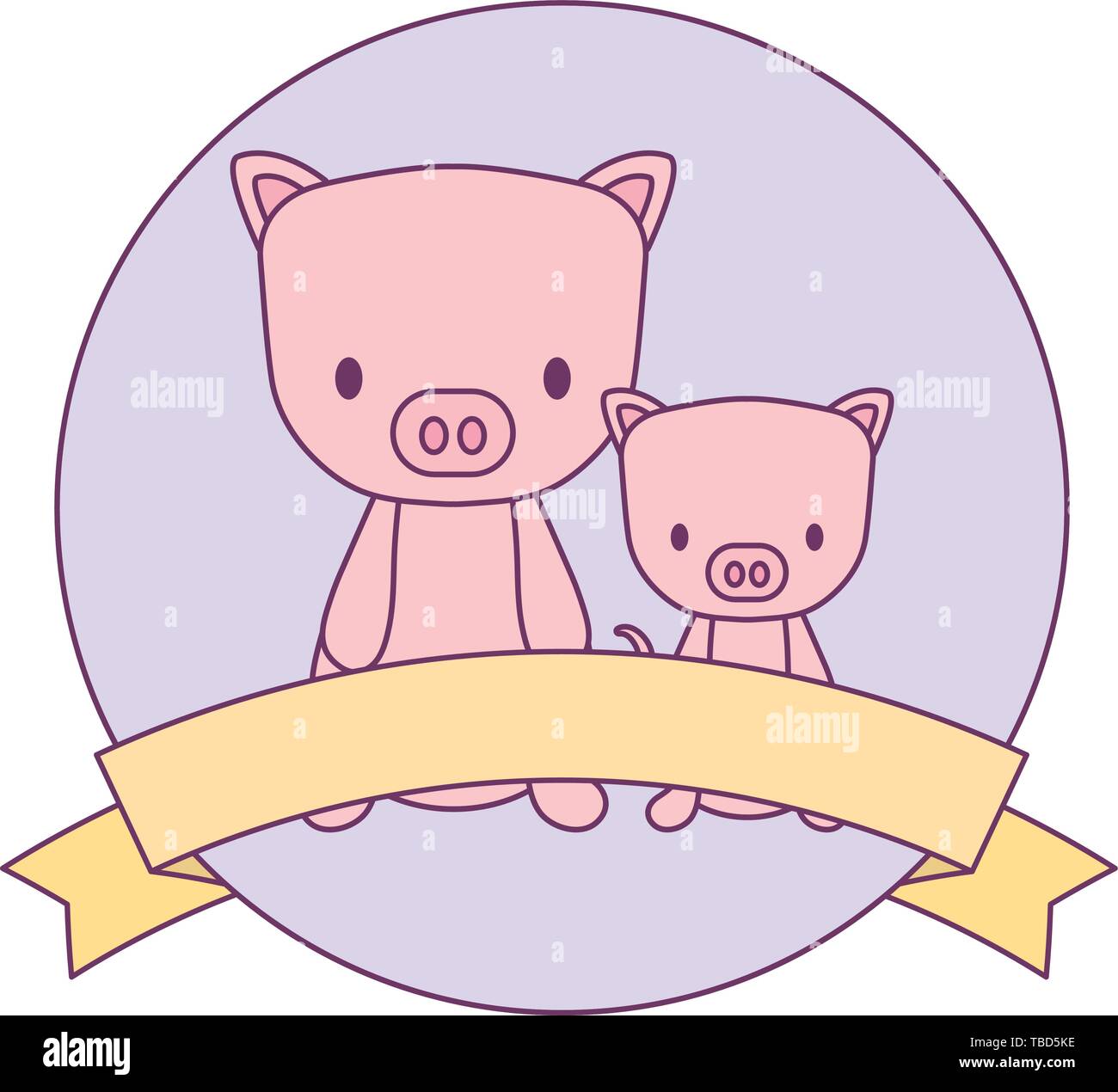 cute pigs animals in frame circular with ribbon vector illustration ...