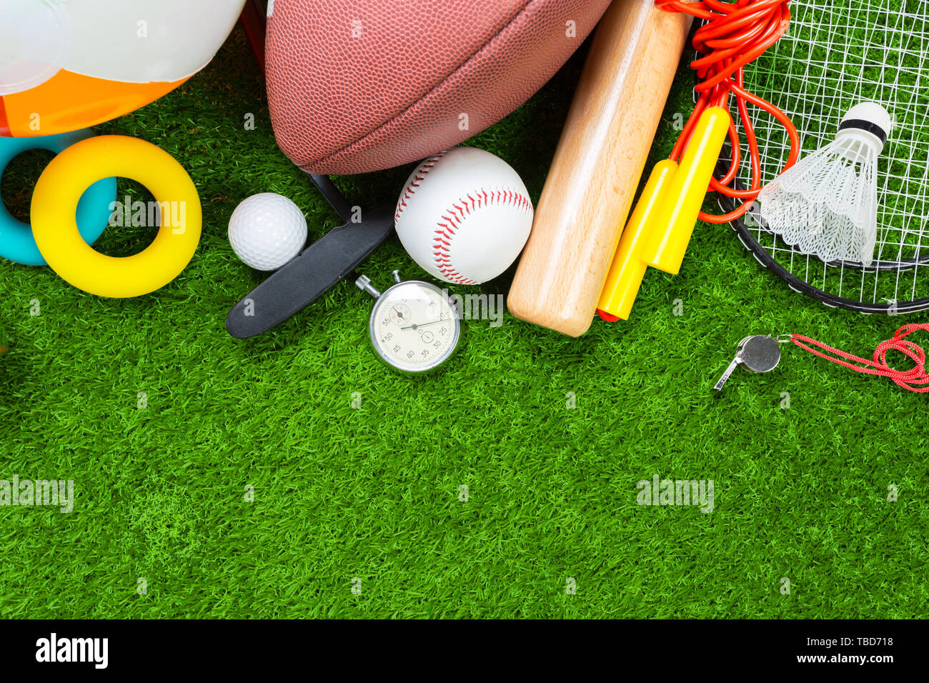 Various sport tools on grass Stock Photo - Alamy