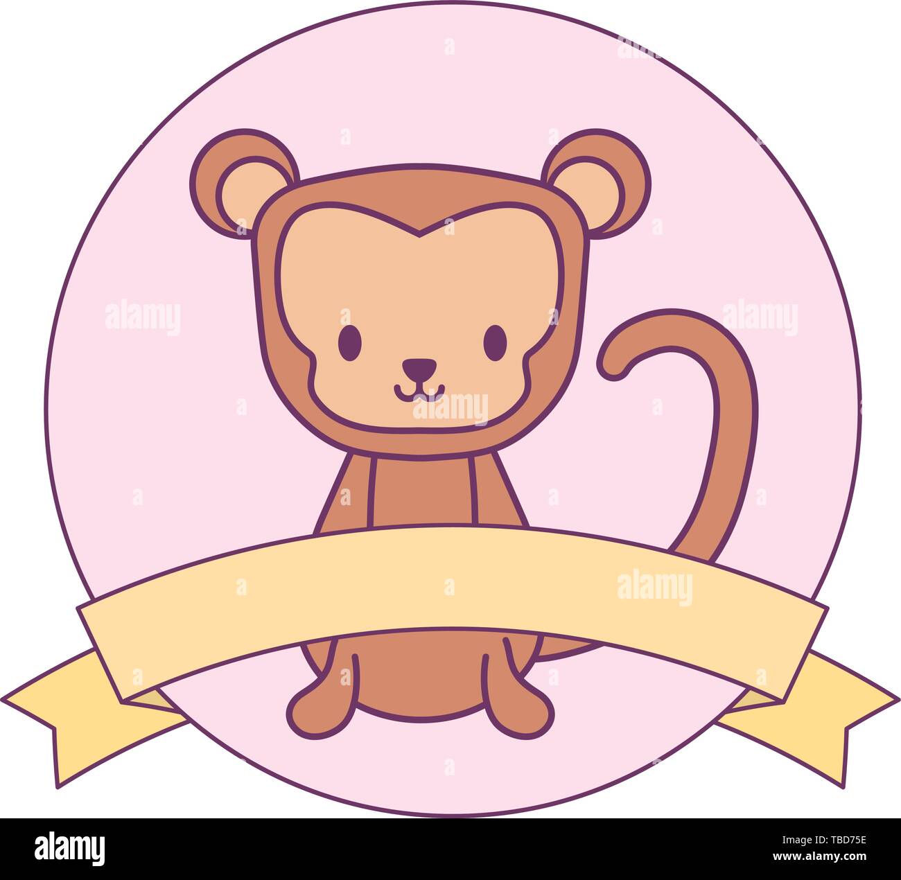 cute monkey animal in frame circular with ribbon vector illustration ...