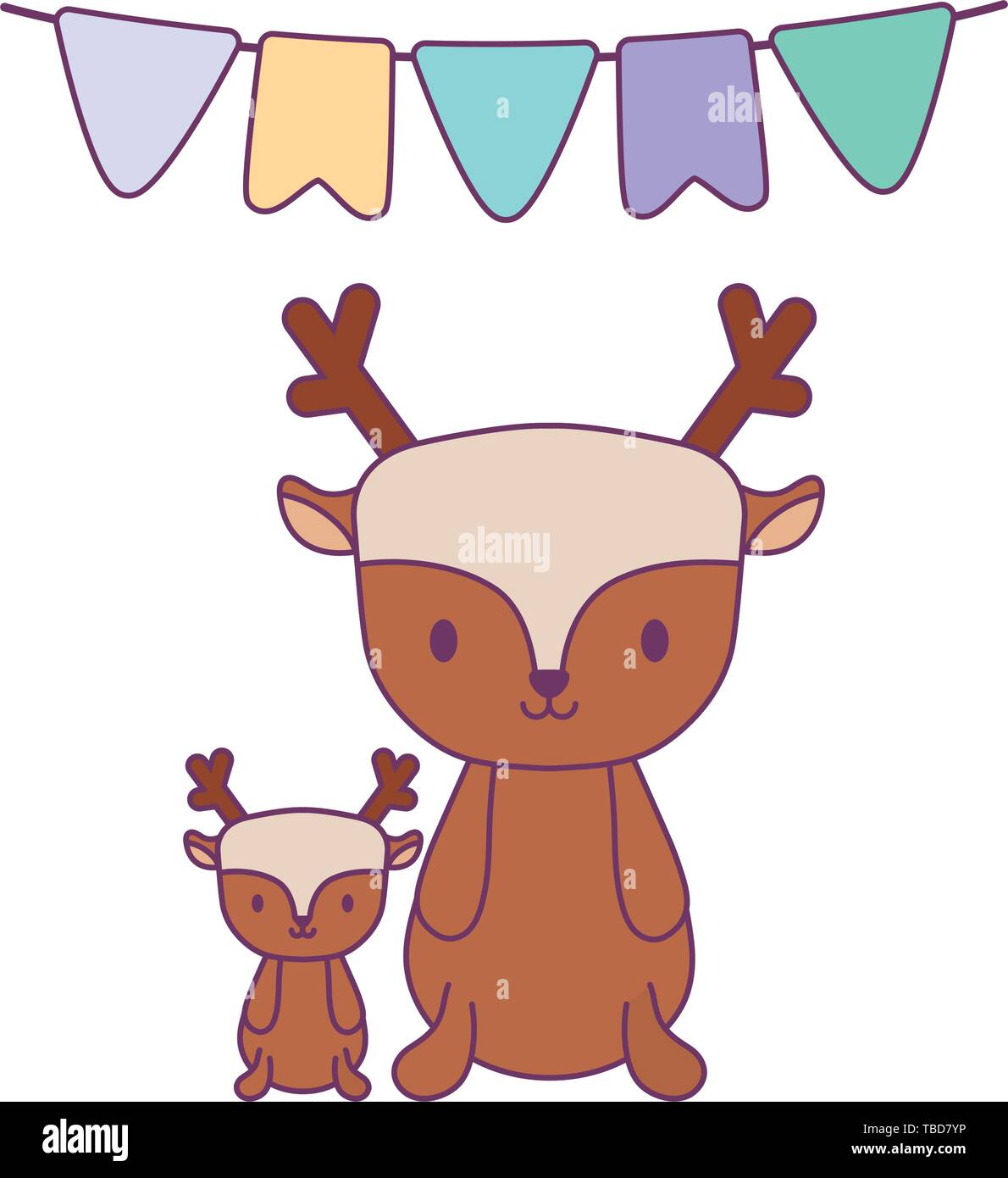 cute group of reindeer animals with garlands party hanging vector ...