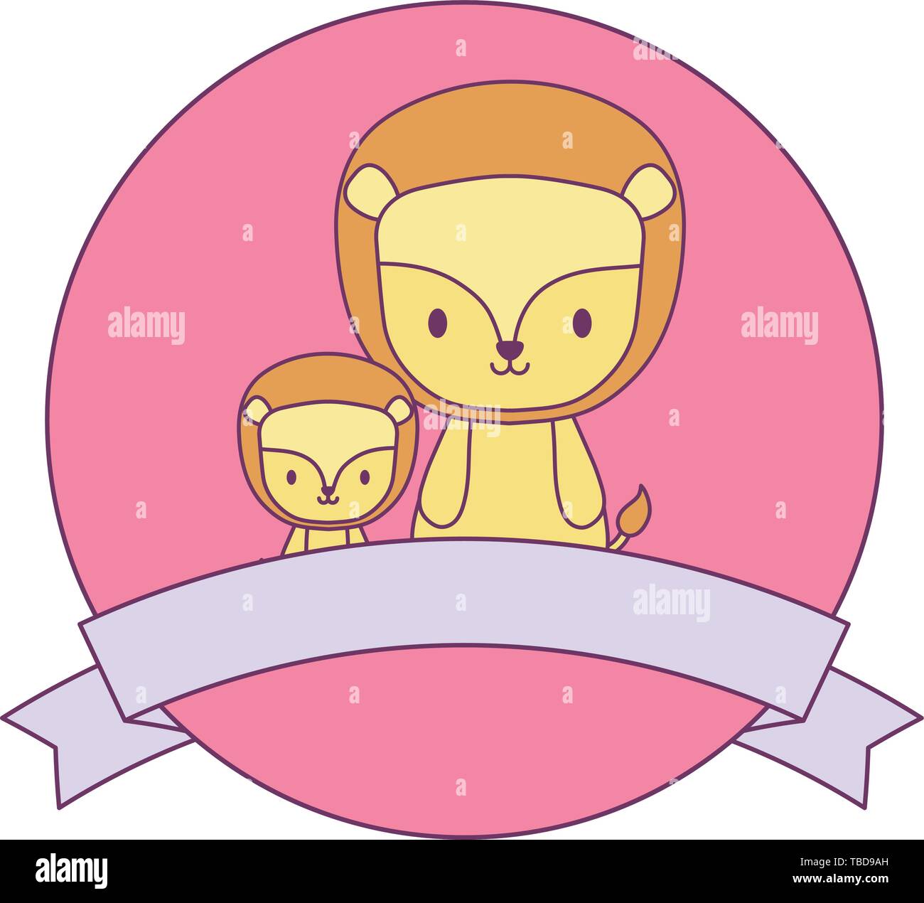 cute lions animals in frame circular with ribbon vector illustration ...