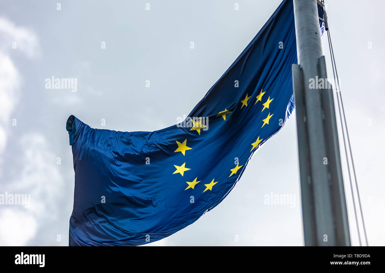 EU flag waving in front of blue summer sky. Budapest, Hungary Stock ...