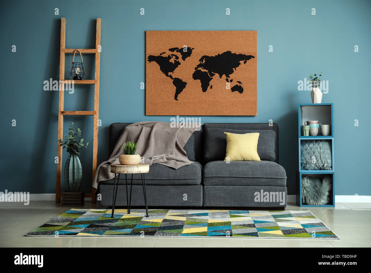 Interior of modern room with picture of world map on wall Stock Photo ...